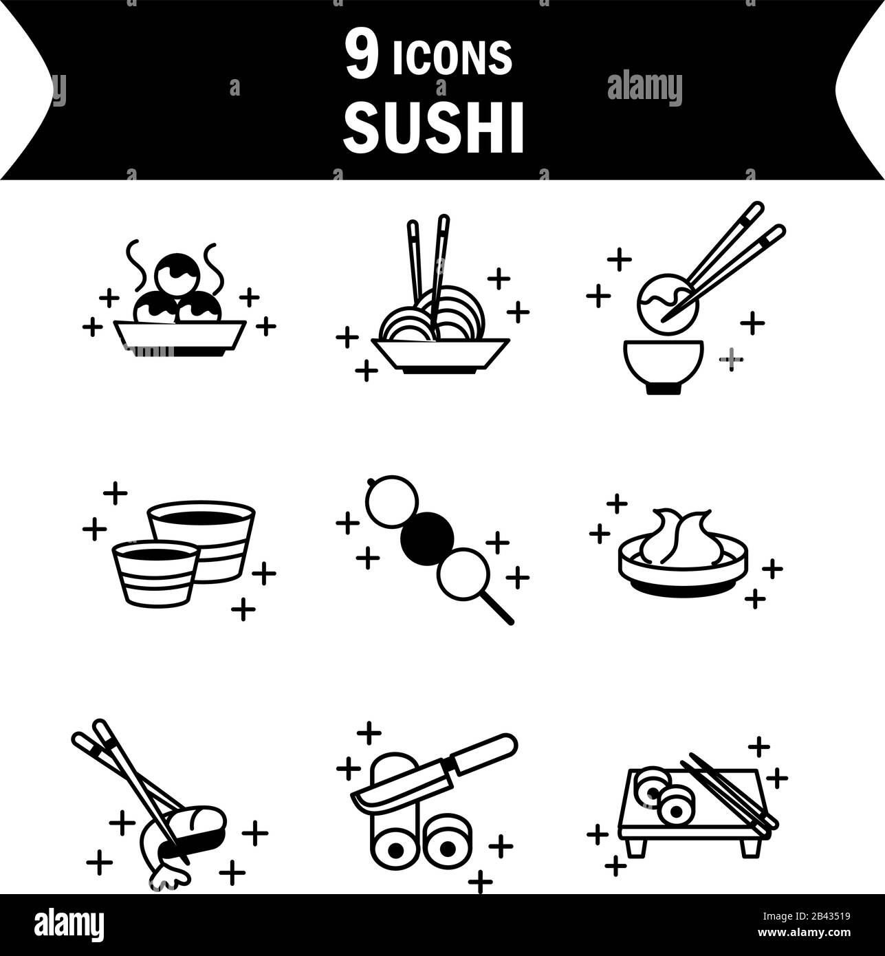 sushi oriental menu japanese food icons set vector illustration line ...