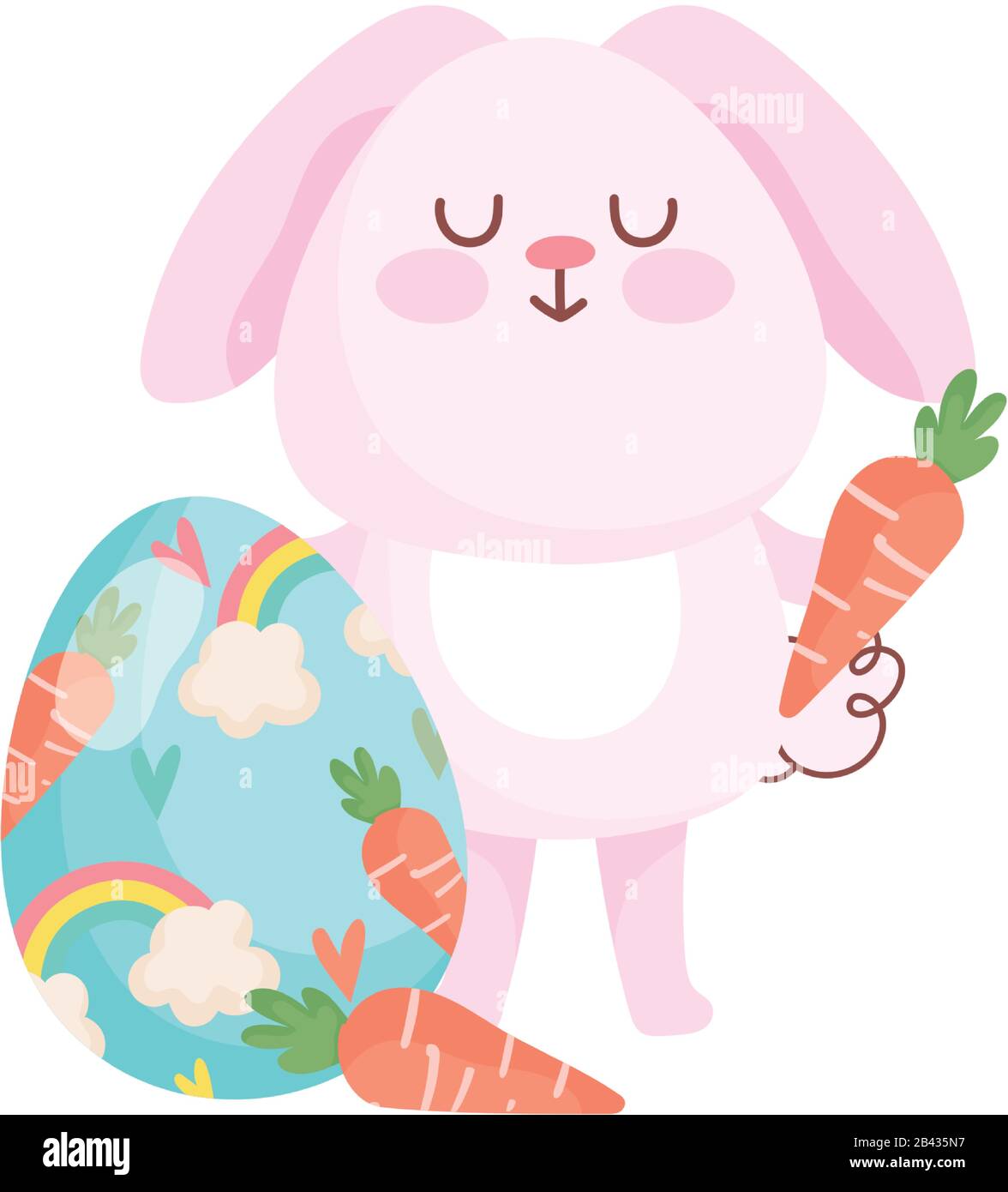 happy easter pink rabbit with carrots and painted egg rainbow ...