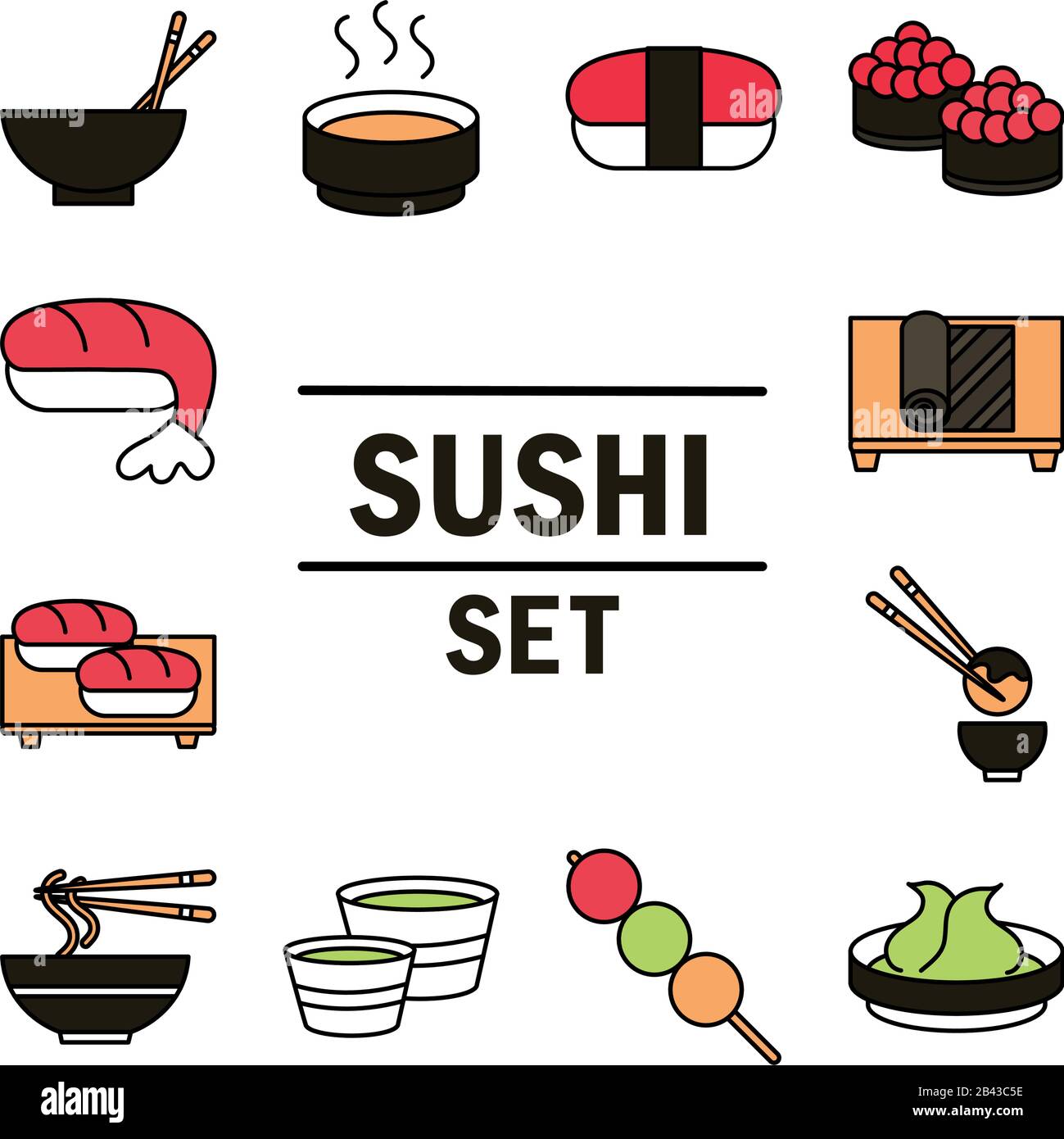 sushi oriental japanese menu traditonal food icons set vector ...