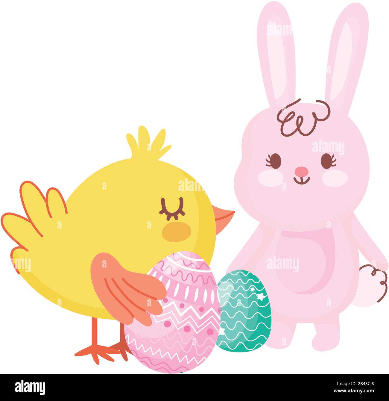 happy easter rabbit and chicken with eggs cartoon vector illustration ...