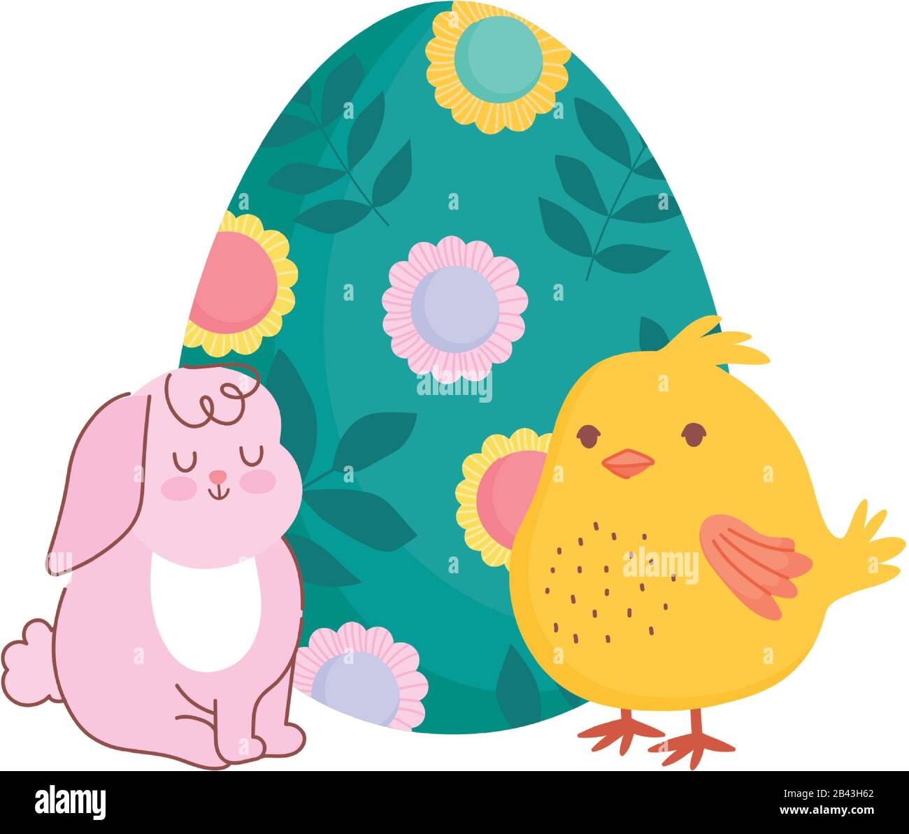 happy easter cute rabbit and chicken with painted egg decoration with ...