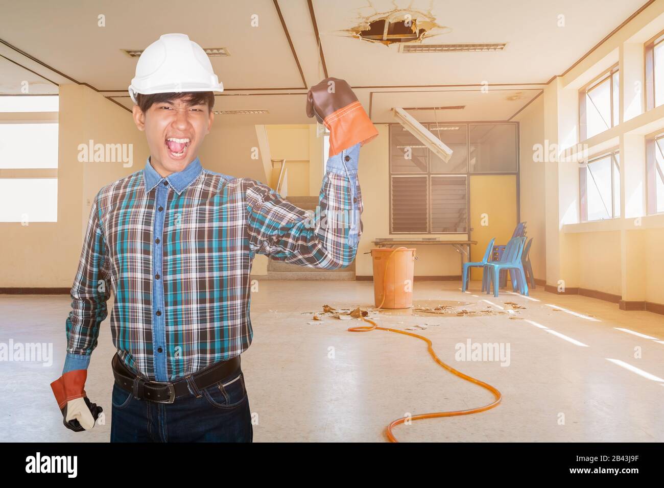 Engineering hand up arm. in employment repair water leak drop interior ...