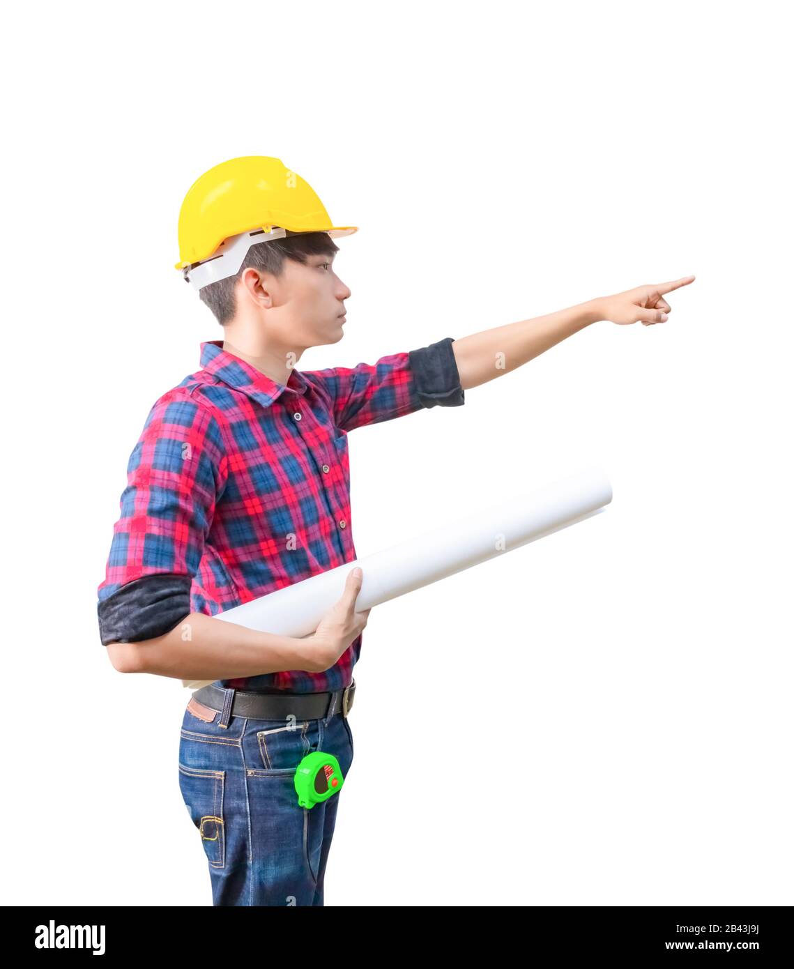 Engineer finger point with holding rolled blueprints inspect ...