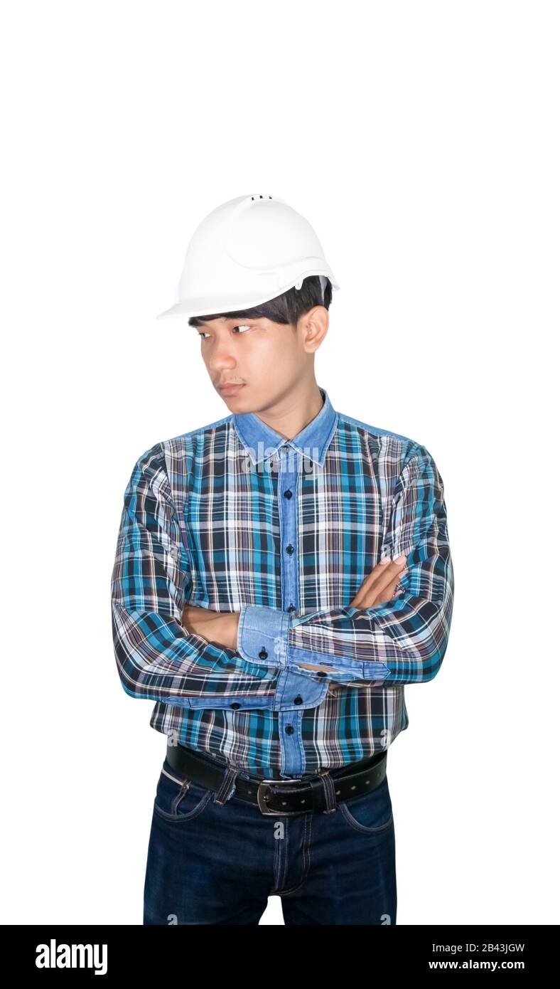 Engineering construction arm cross on chest and wear white safety ...