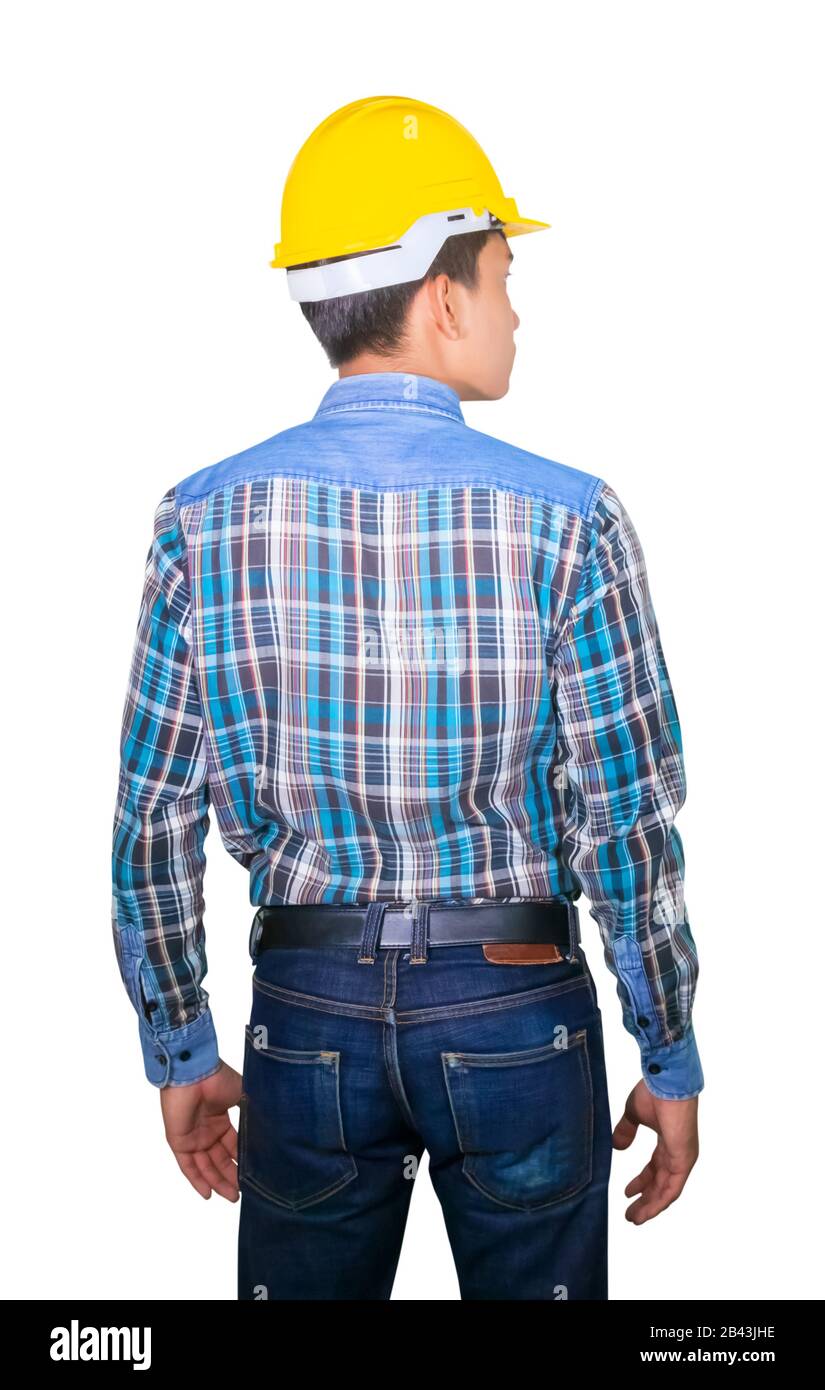 Engineering construction back turned and wear yellow safety helmet ...