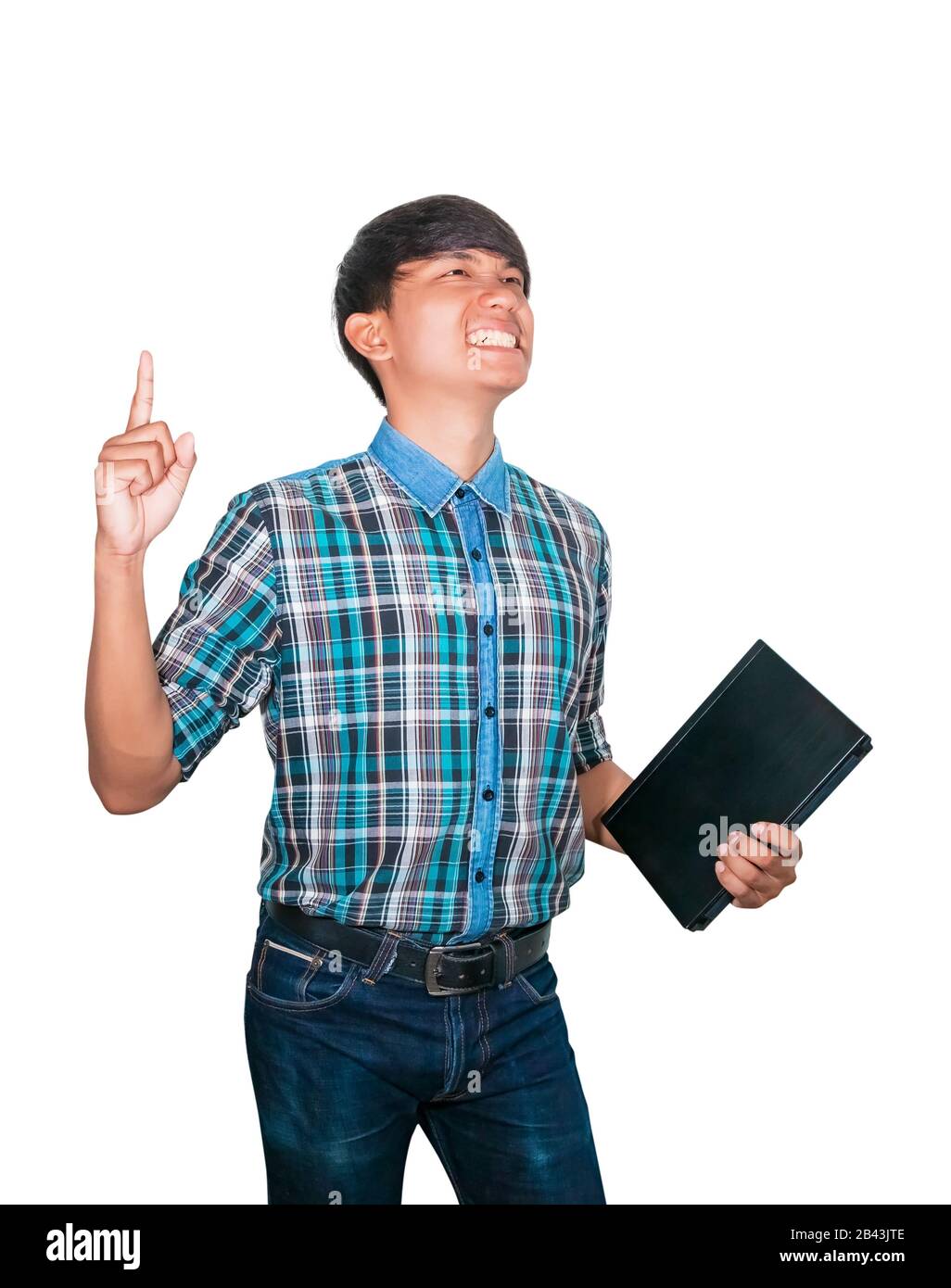 businessman confident young using computer laptop and raised hand on ...