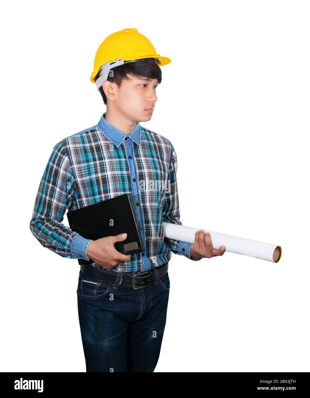 businessman young hold Laptop computer and rolled blueprints wear ...
