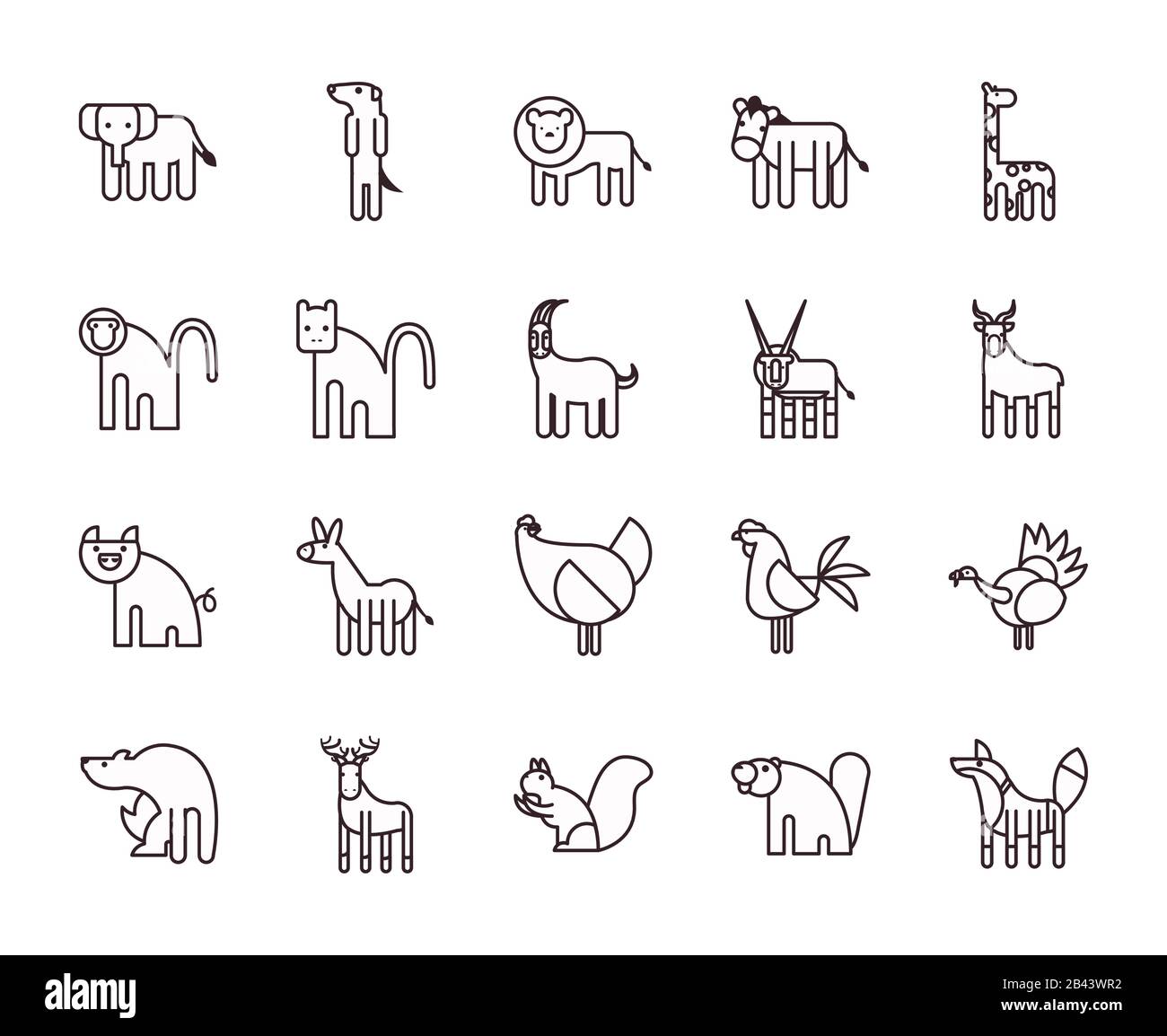 Cute animals cartoons line style icon set design, zoo life nature ...