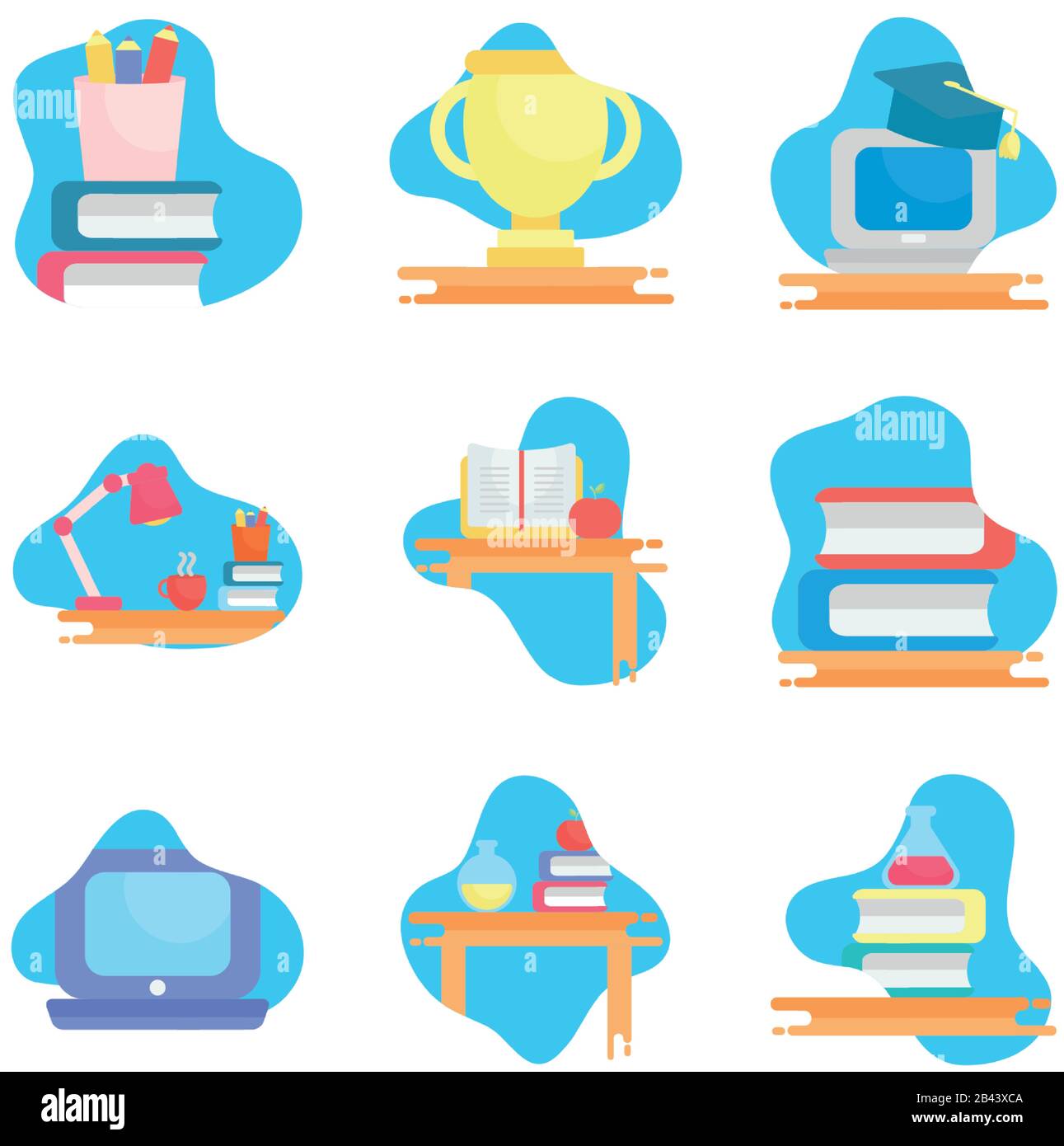 School flat block style icon set design, Eduaction class lesson ...