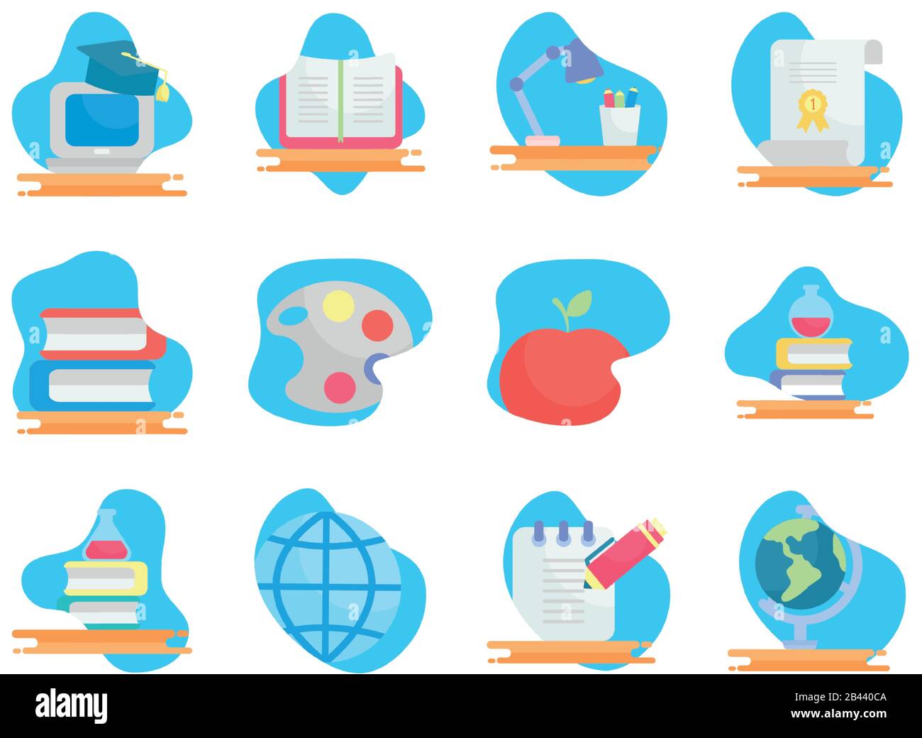 School flat block style icon set design, Eduaction class lesson ...