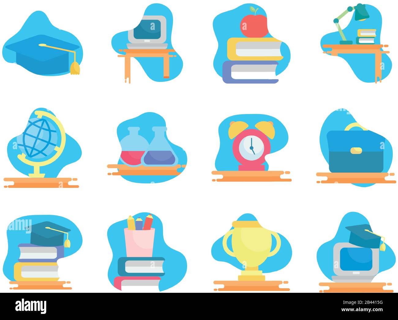 School flat block style icon set design, Eduaction class lesson ...