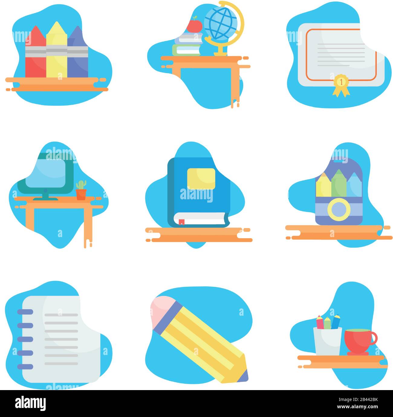 School flat block style icon set design, Eduaction class lesson ...