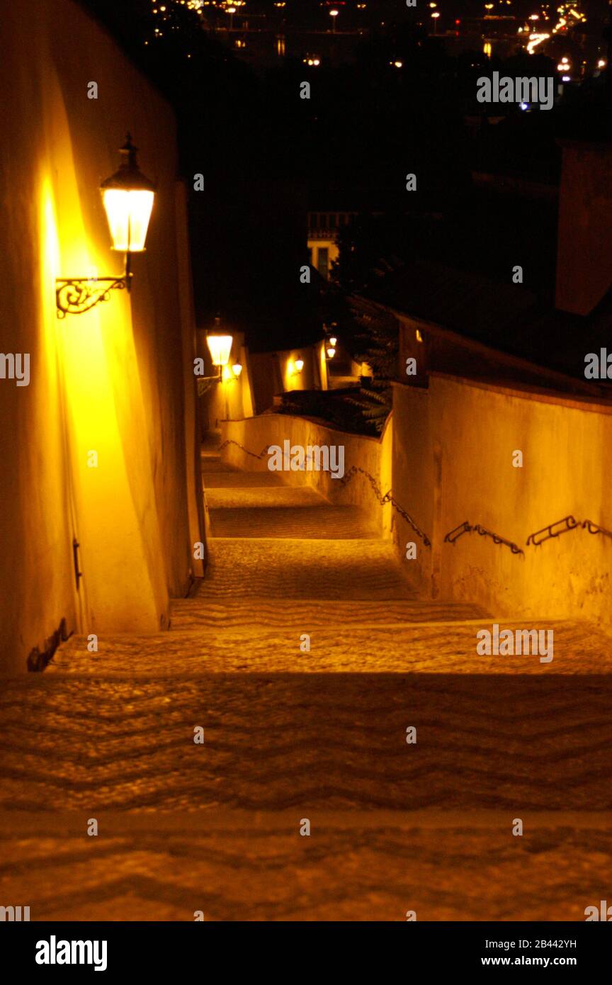 Prague street at night - mysterious scene in old prague city Stock ...