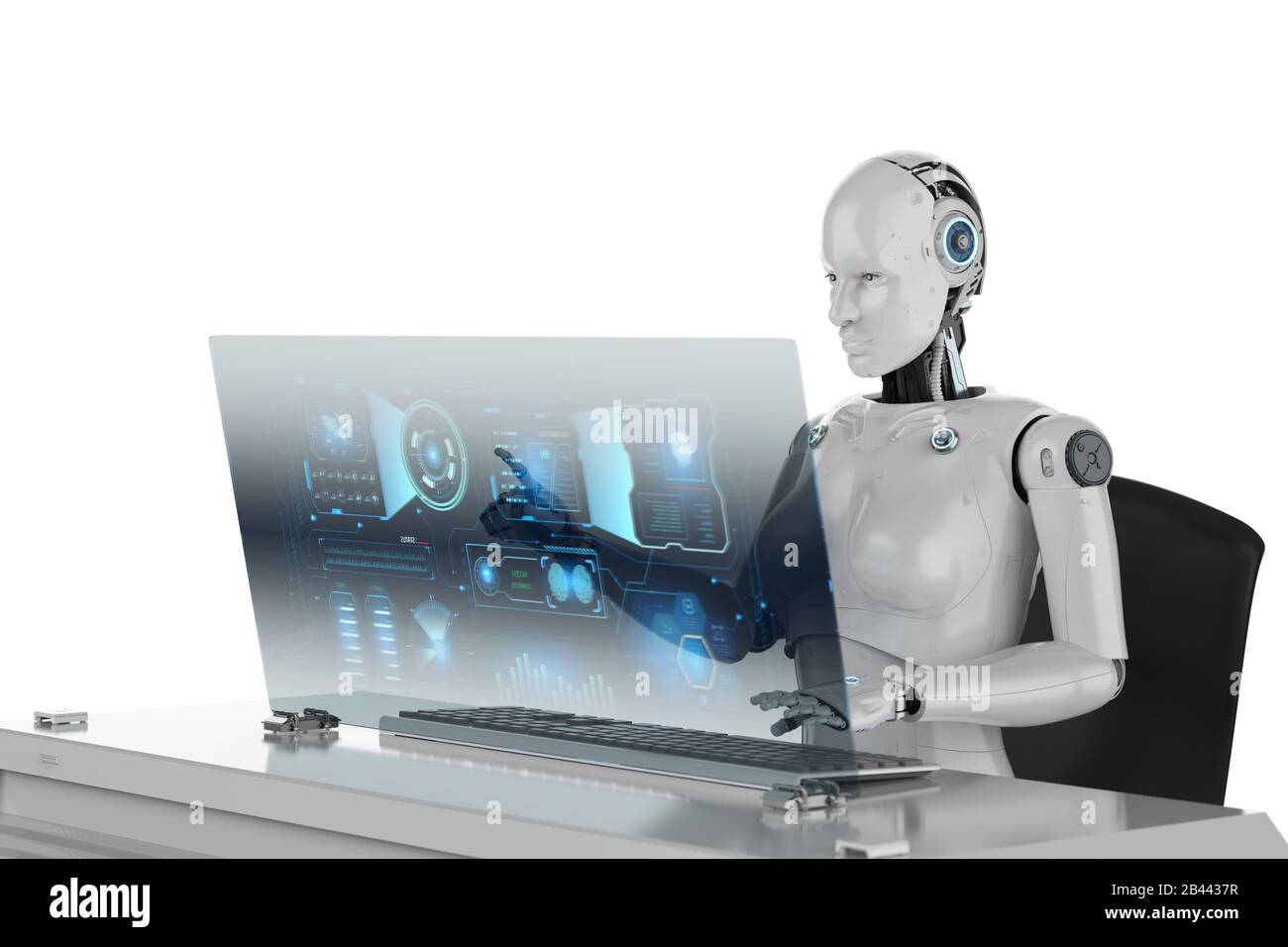 Automation worker concept with 3d rendering female cyborg working in ...