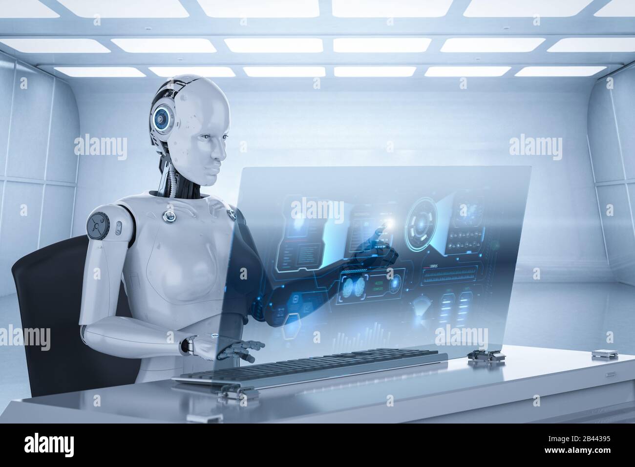 Automation worker concept with 3d rendering female cyborg working in ...