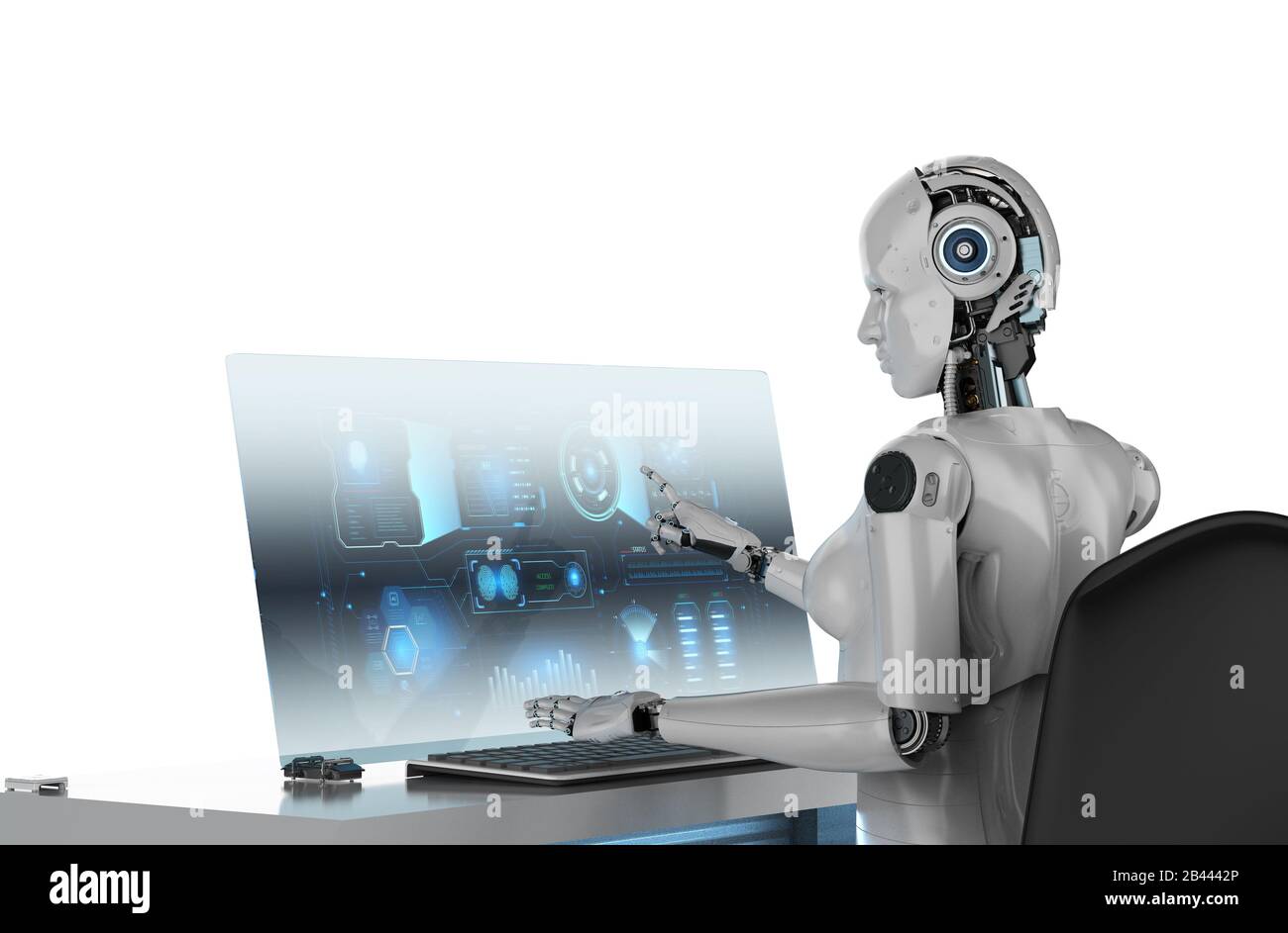 Automation worker concept with 3d rendering female cyborg working in ...