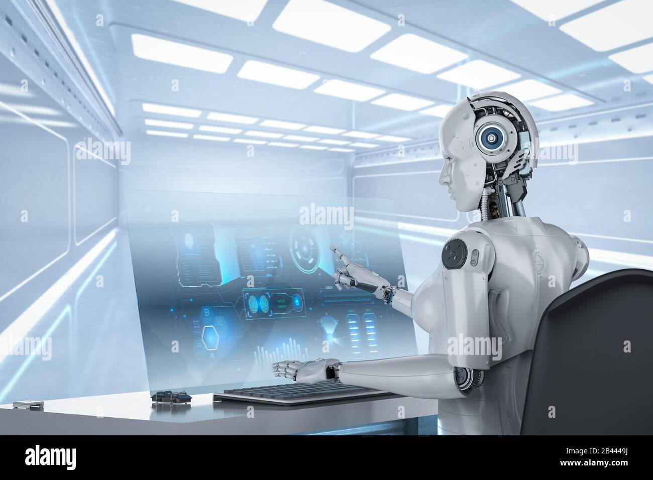 Automation worker concept with 3d rendering female cyborg working in office Stock Photo - Alamy