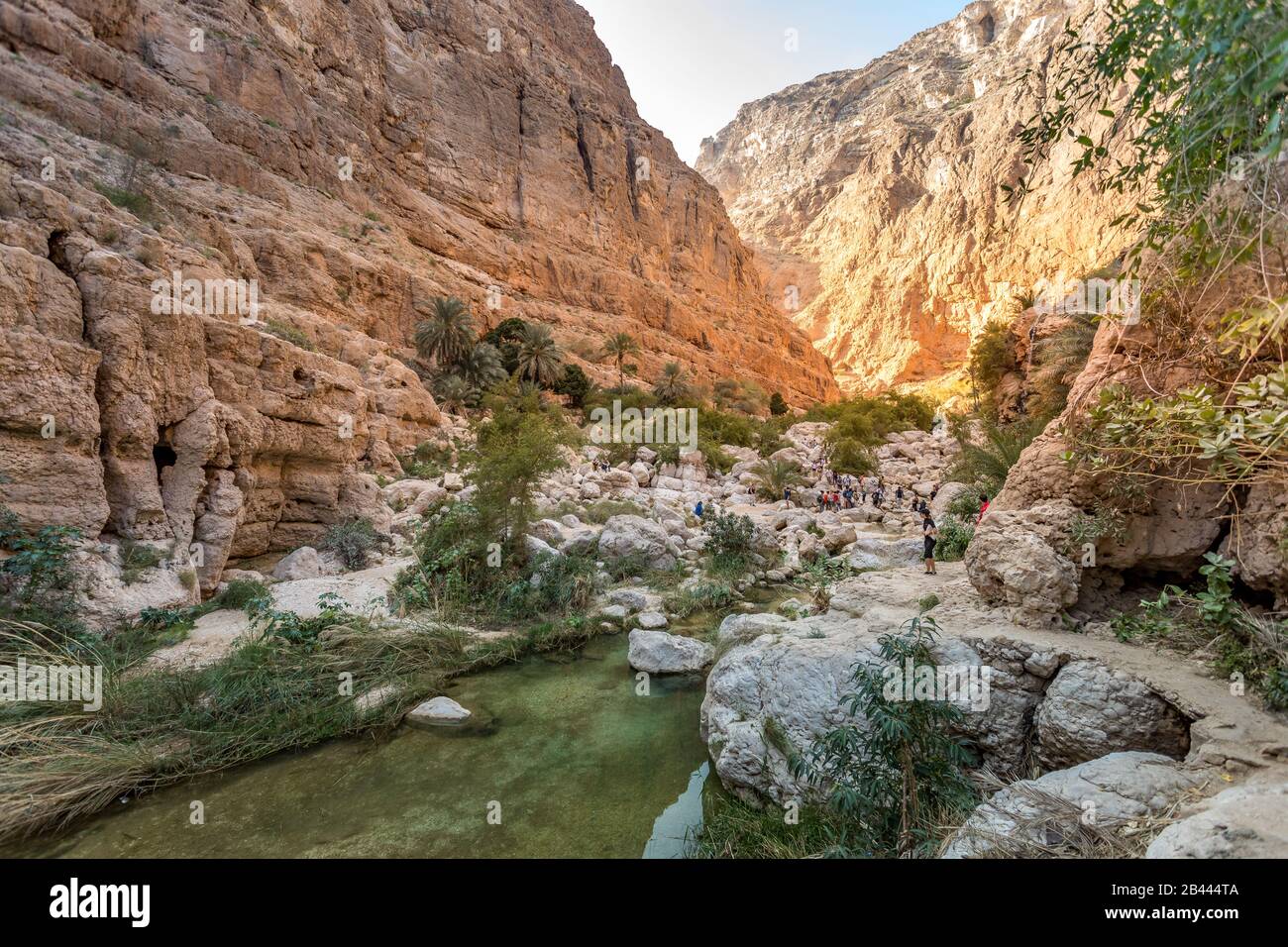 Wadi Shab river canyon with rocky cliffs and green water springs ...