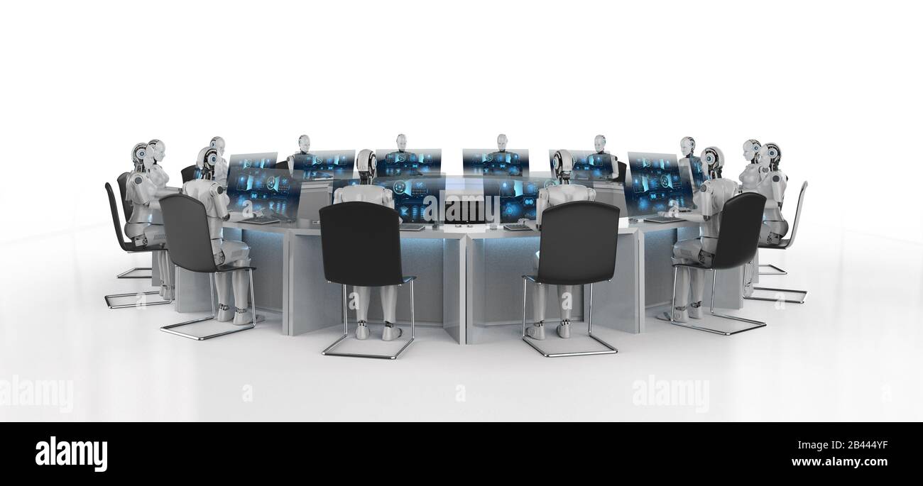 Automation worker concept with 3d rendering group of female cyborgs ...