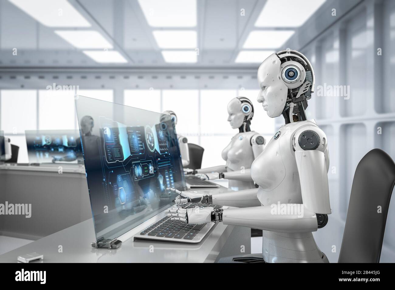Automation worker concept with 3d rendering group of female cyborgs ...