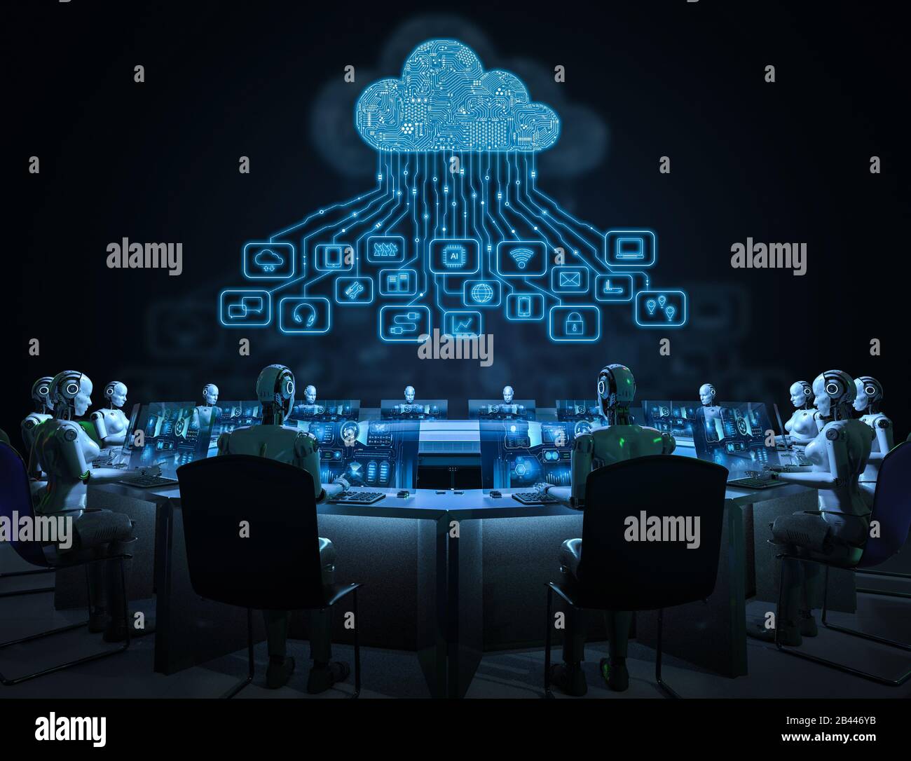 Cloud computing technology concept with 3d rendering cyborg with ...