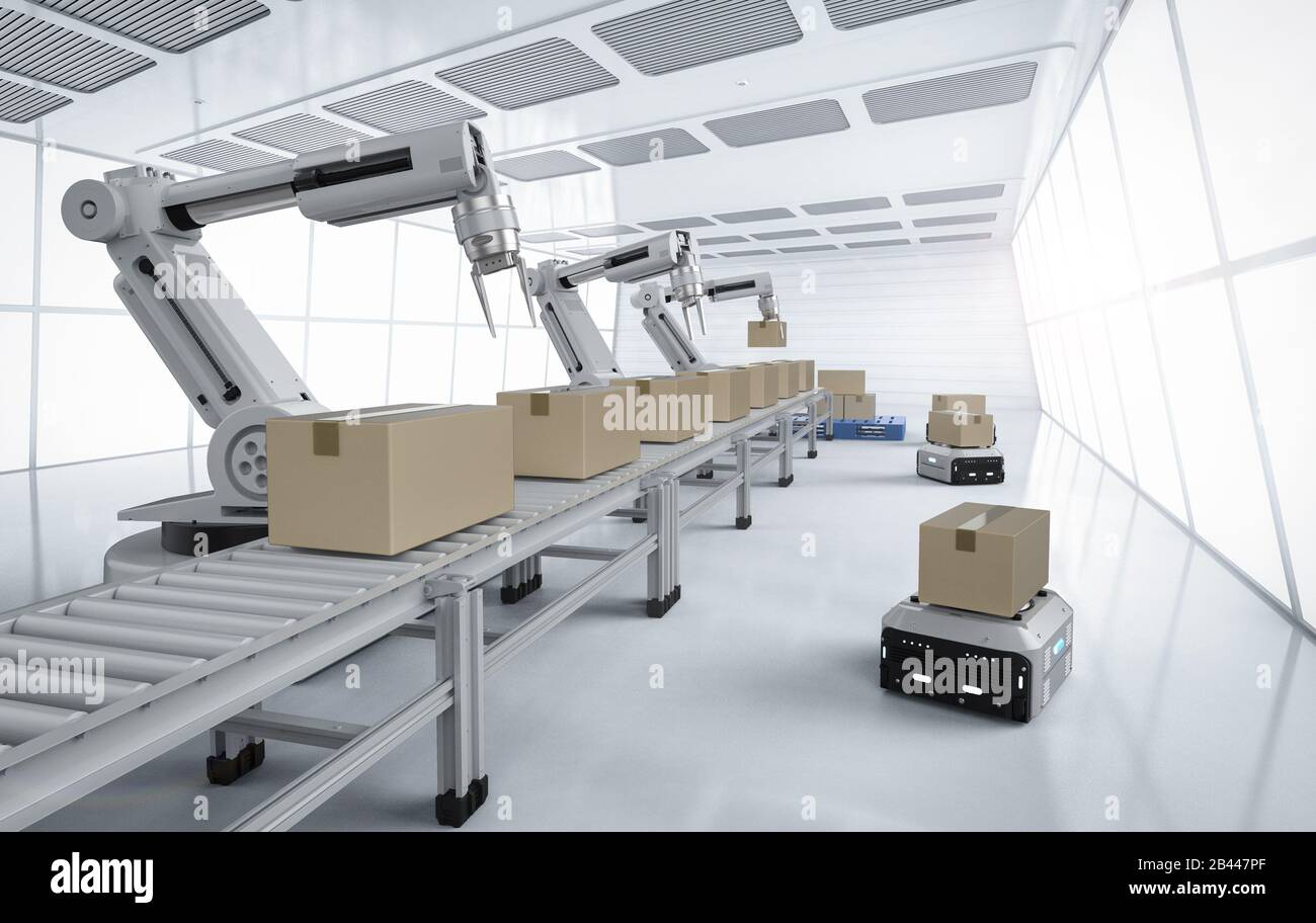 Automation factory concept with 3d rendering robot arms with boxes on conveyor line in factory ...