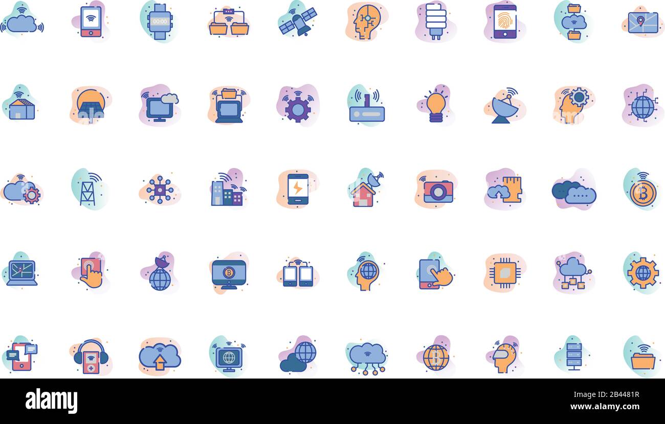 line fill block style icon set design, technology internet digital ...