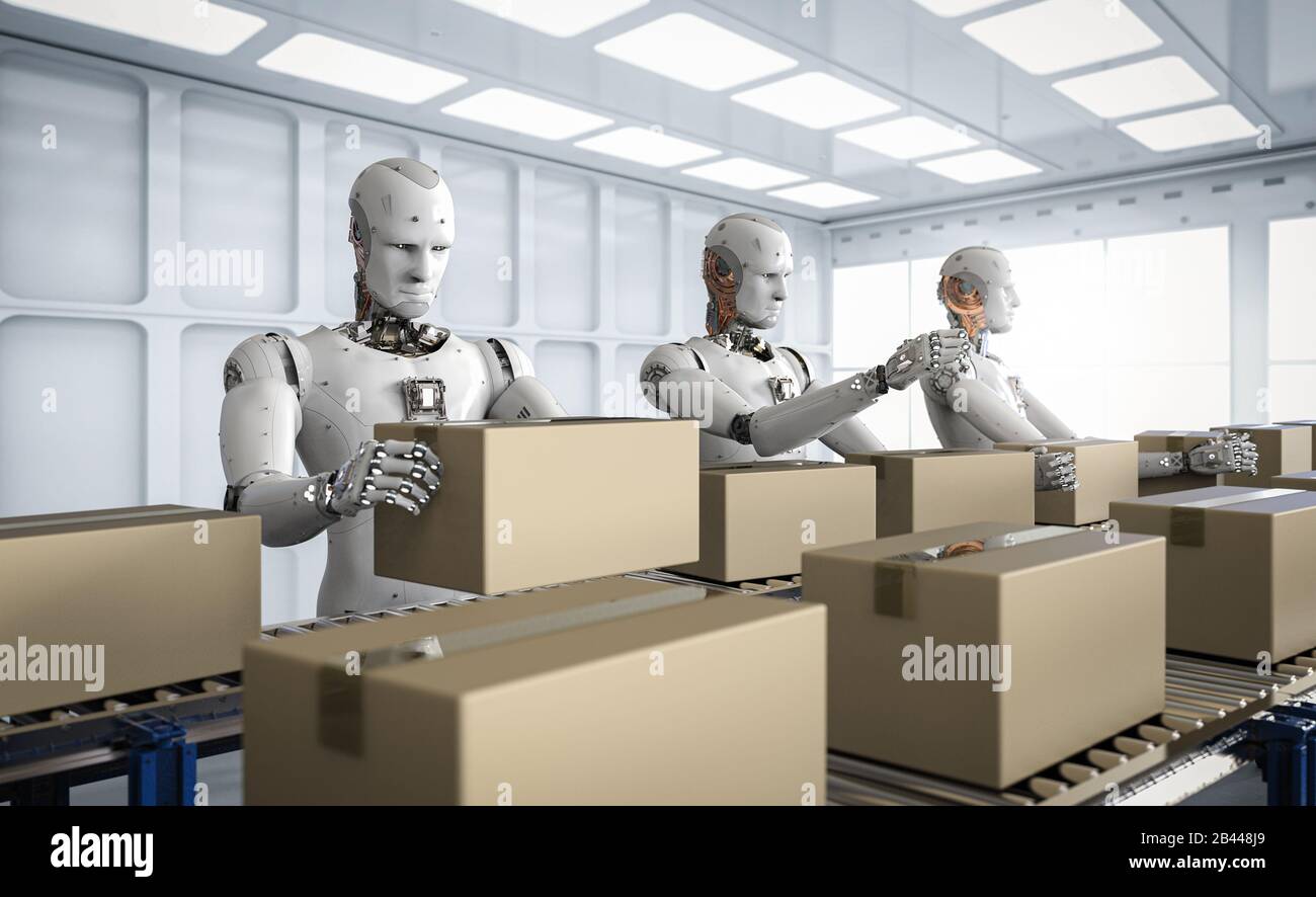 Automation factory concept with 3d rendering robot arms with boxes on ...