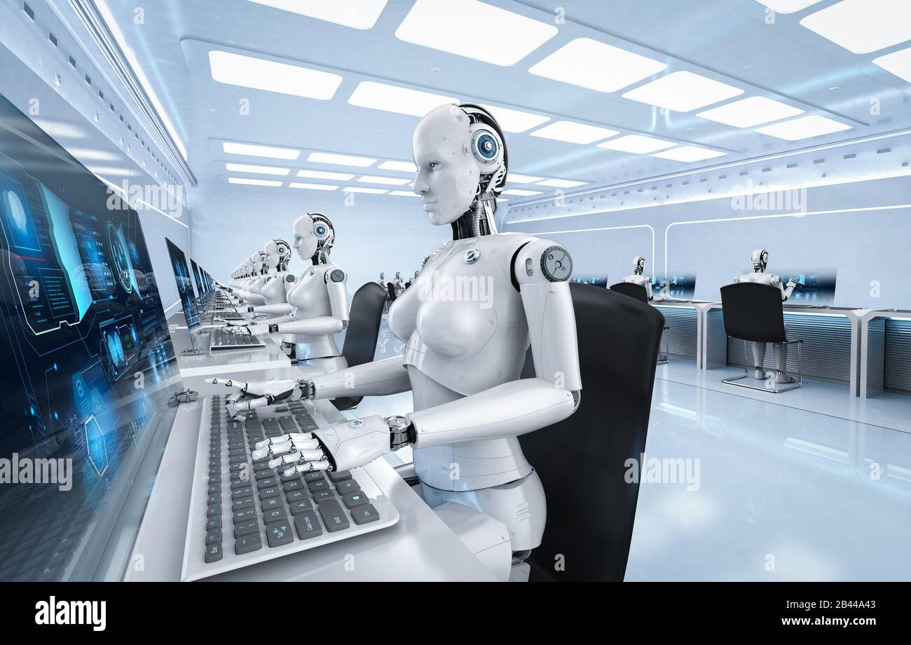 Automation worker concept with 3d rendering female cyborgs working in ...