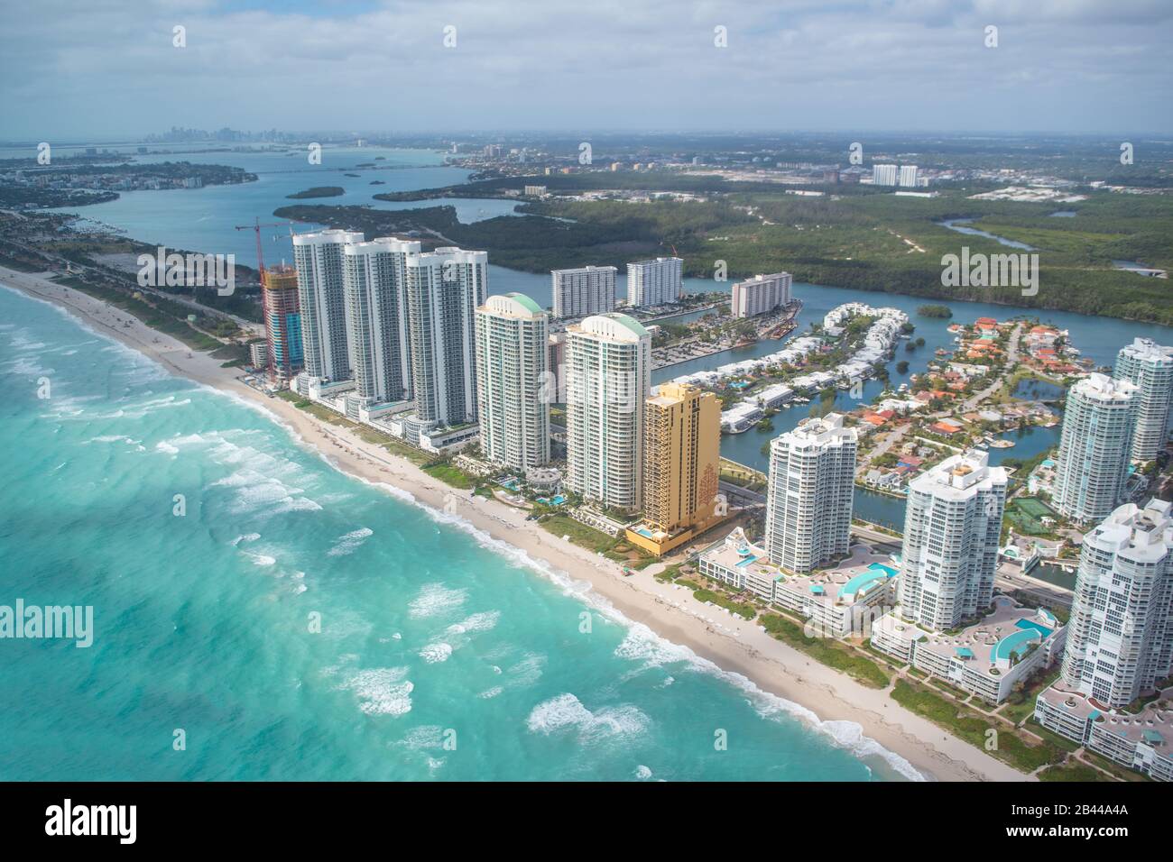 North Miami Beach buildings as seen from helicopter, Florida ...