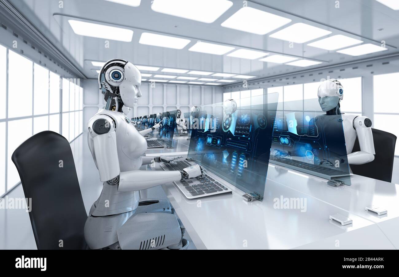 Automation worker concept with 3d rendering female cyborgs working in office Stock Photo - Alamy