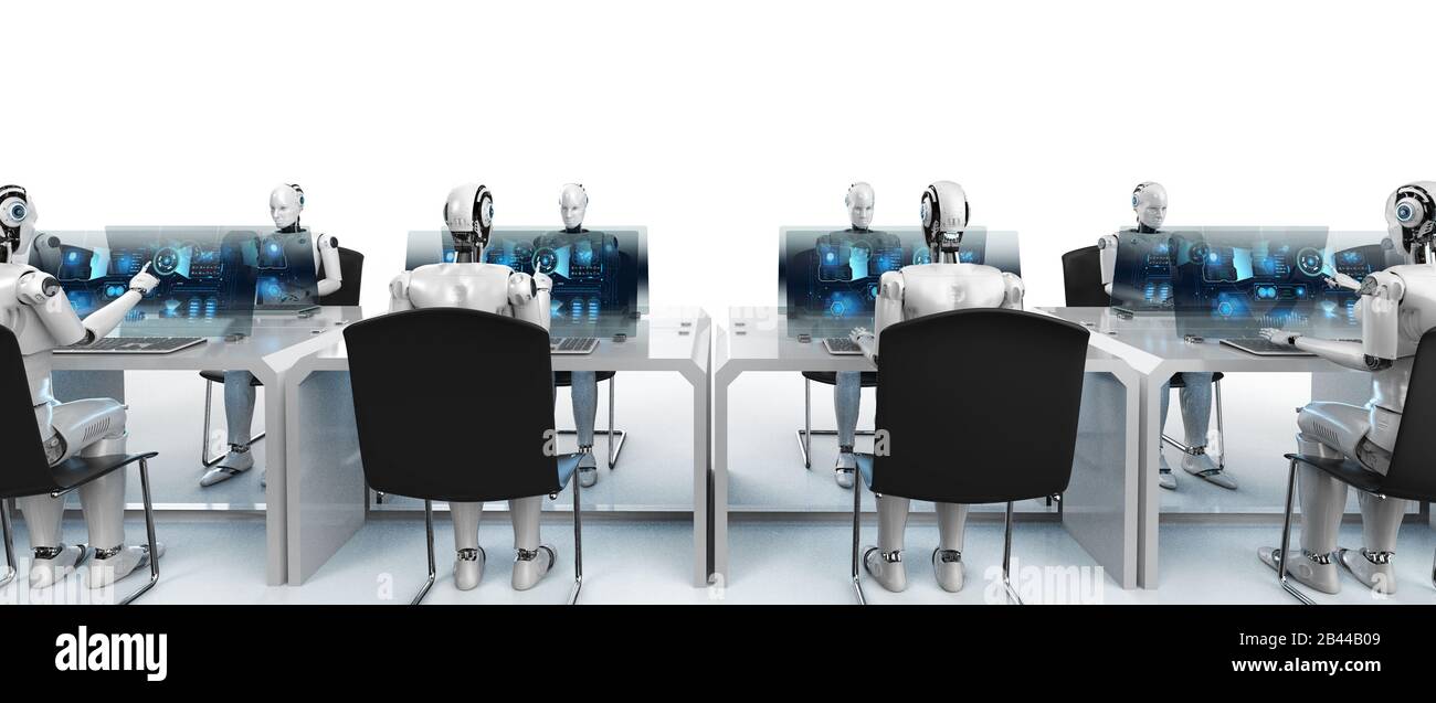 Automation worker concept with 3d rendering female cyborgs working in office Stock Photo - Alamy