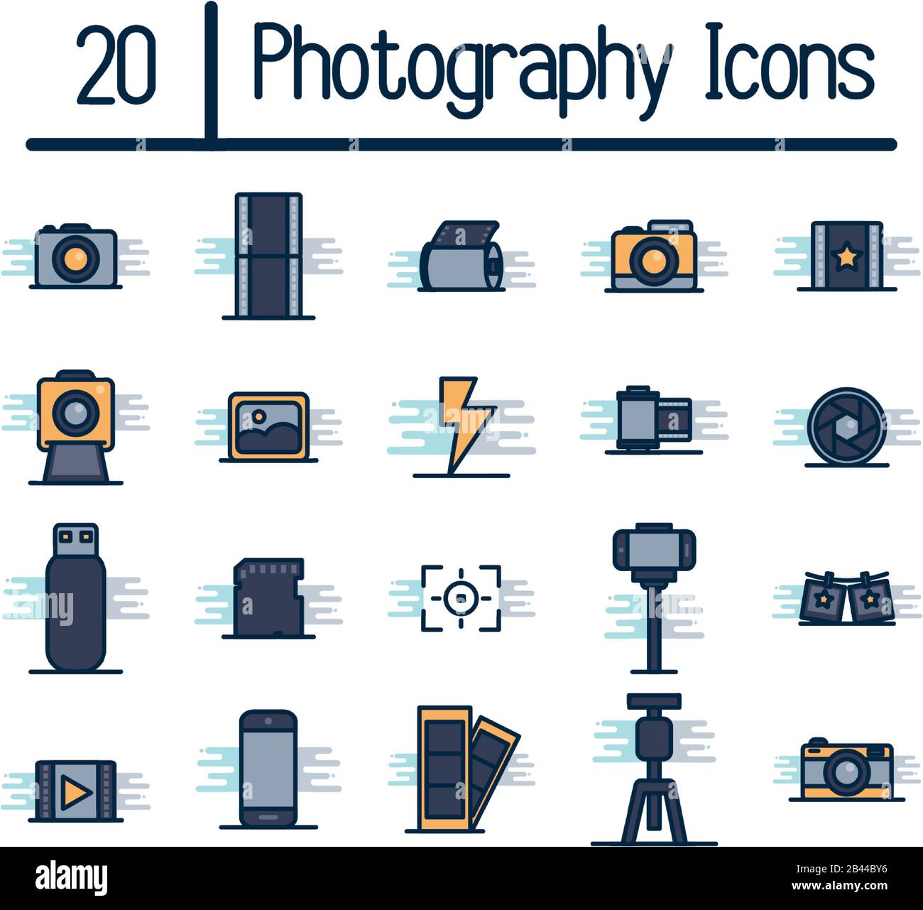 20 line fill block style icon set design, photography technology ...