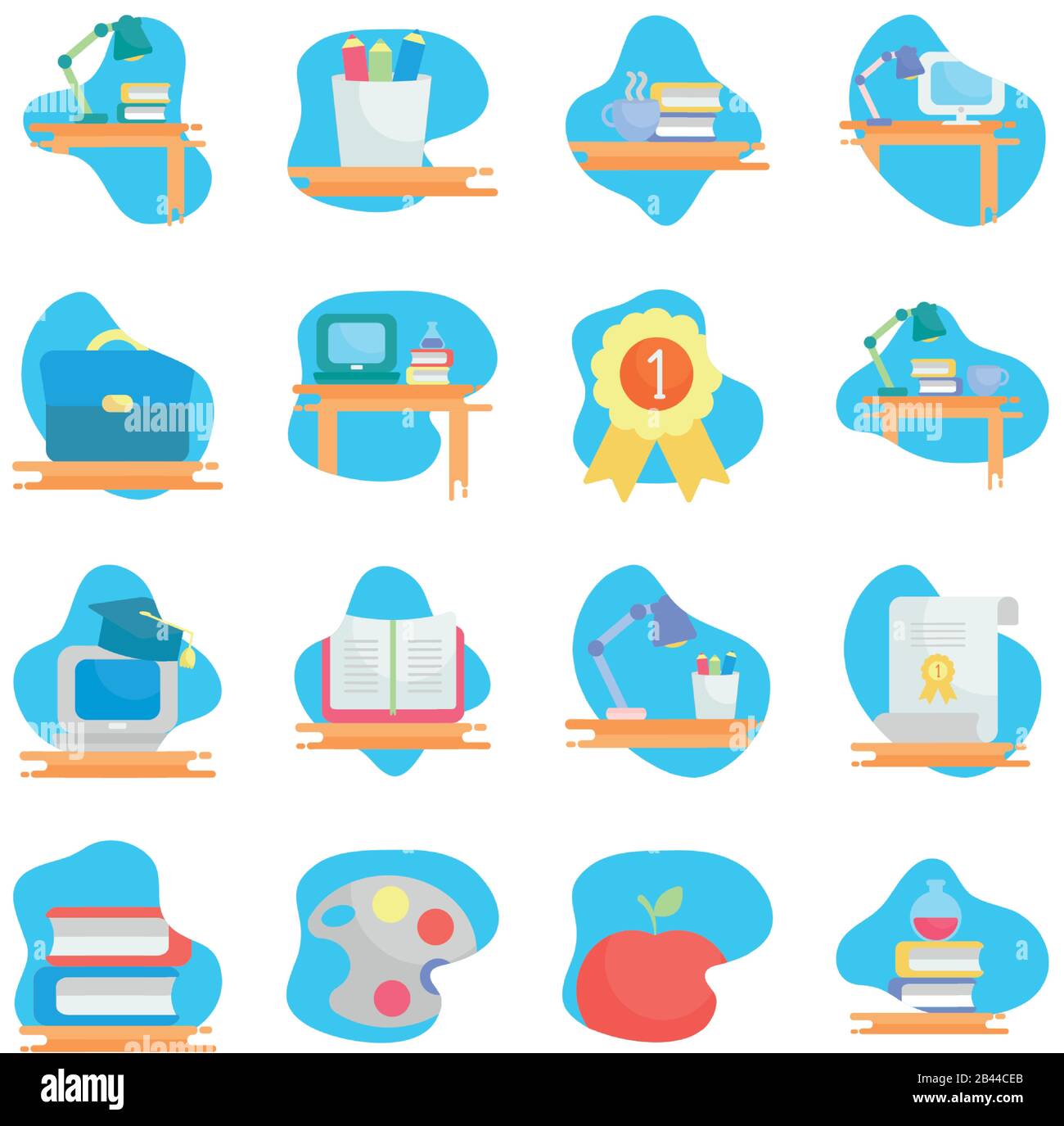 School flat block style icon set design, Eduaction class lesson ...