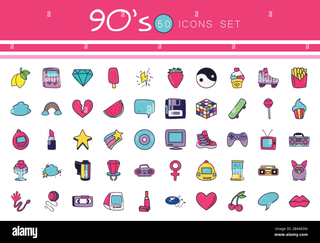 50 line and fill style icon set design, 90s retro leisure technology ...