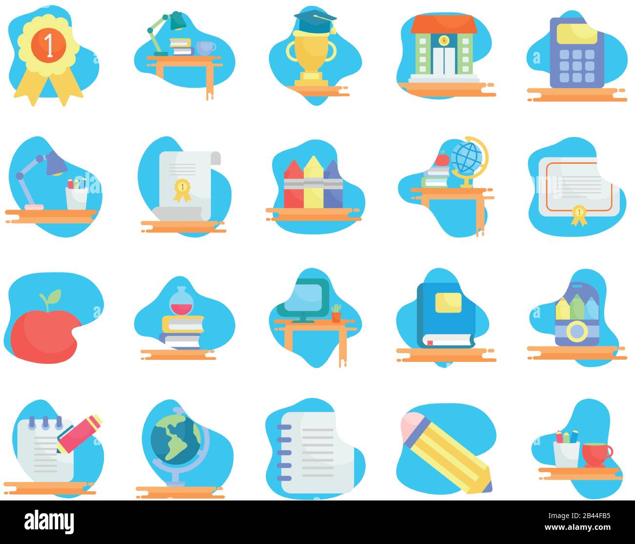 School flat block style icon set design, Eduaction class lesson knowledge preschooler study ...