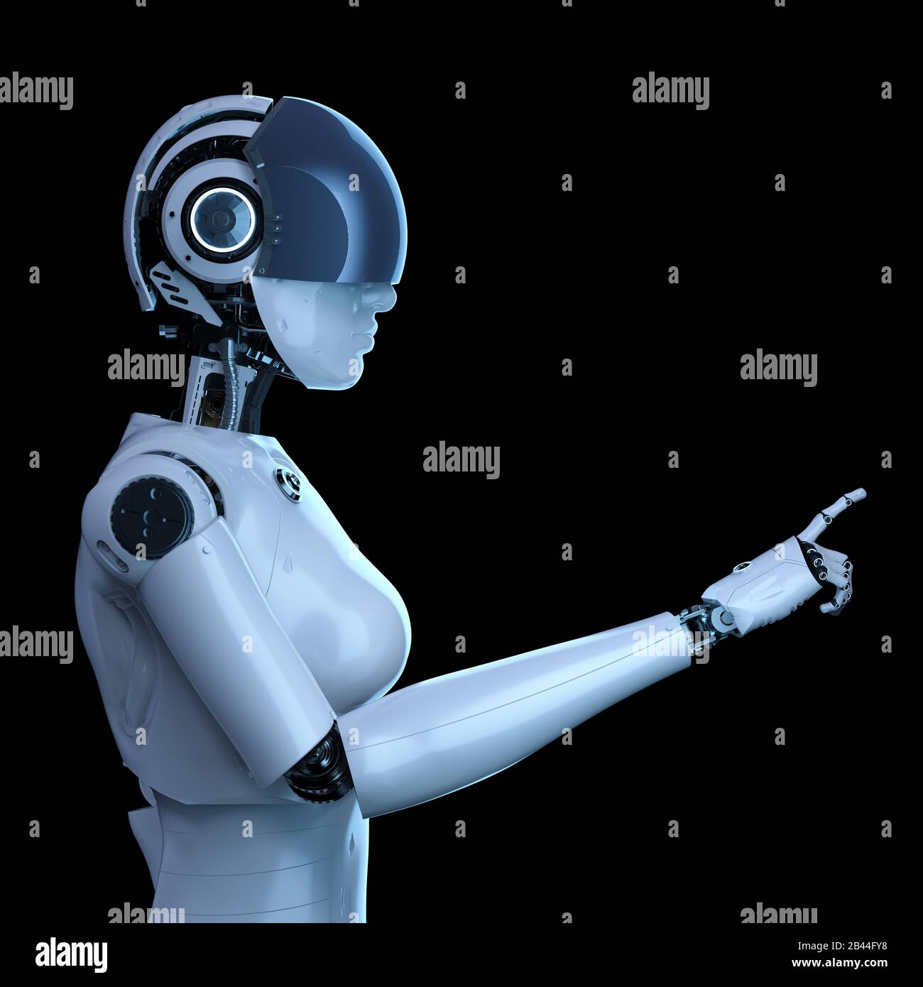 3d rendering female cyborg with goggle finger point Stock Photo - Alamy