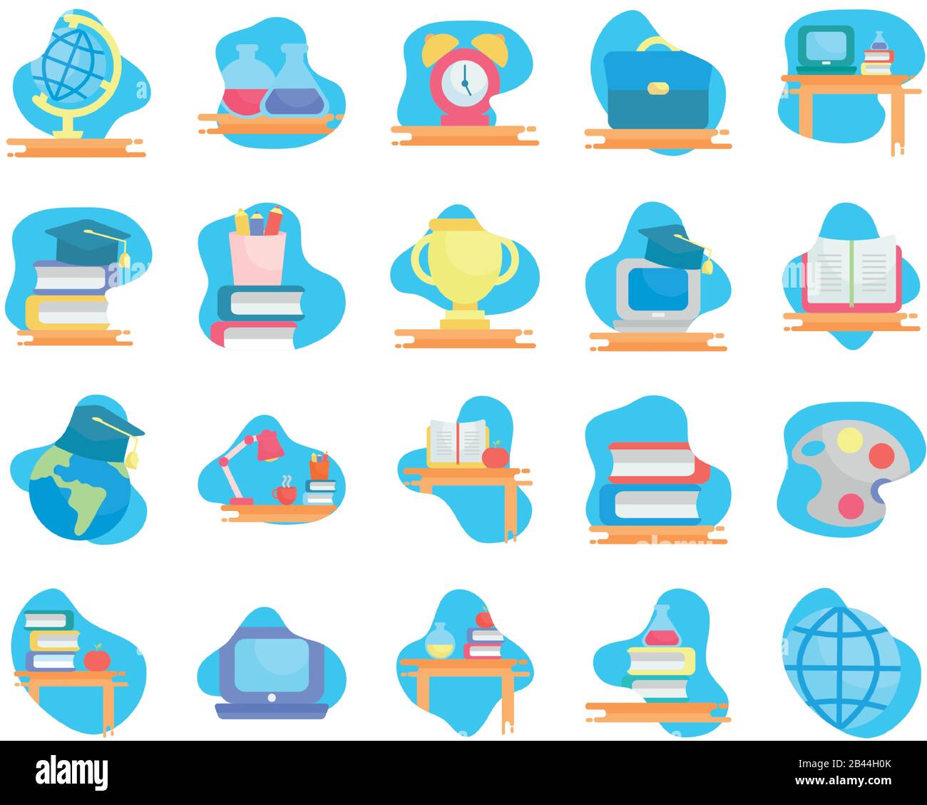 School flat block style icon set design, Eduaction class lesson ...