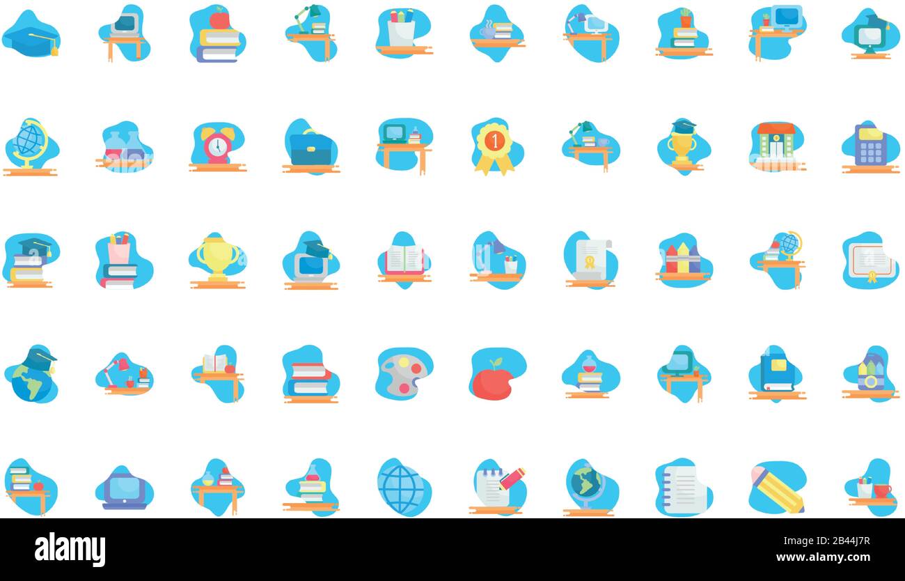 School flat block style icon set design, Eduaction class lesson ...