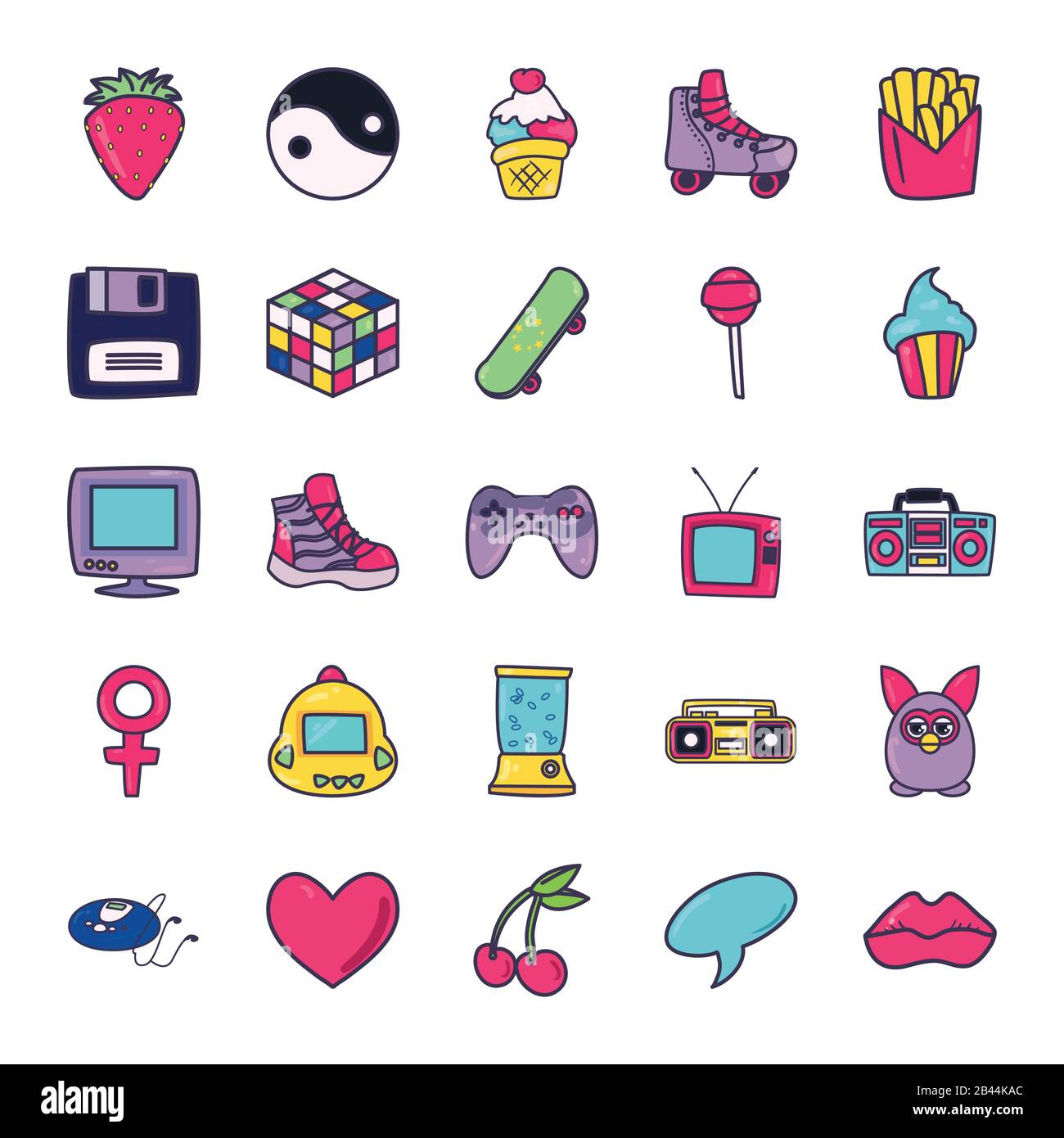 line and fill style icon set design, 90s retro leisure technology ...