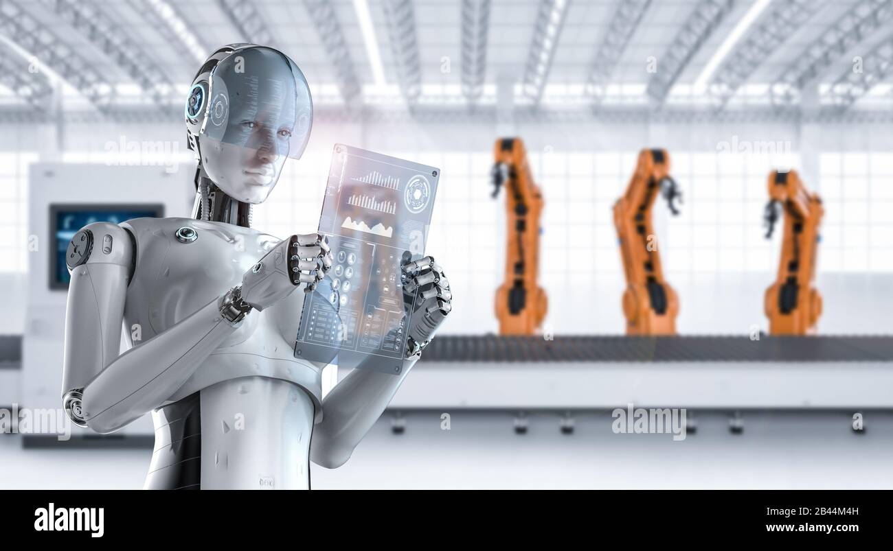 Automation factory concept with 3d rendering female cyborg work in ...
