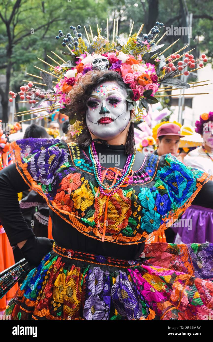 Mexico City, Mexico, ; October 26 2019: Woman dressed as catrina at the ...