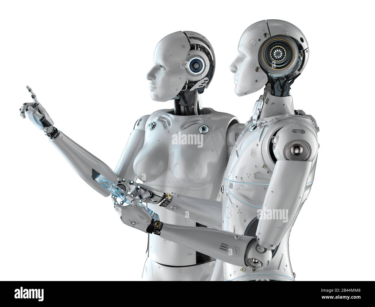 3d rendering two cyborgs work with glass tablet on white background ...