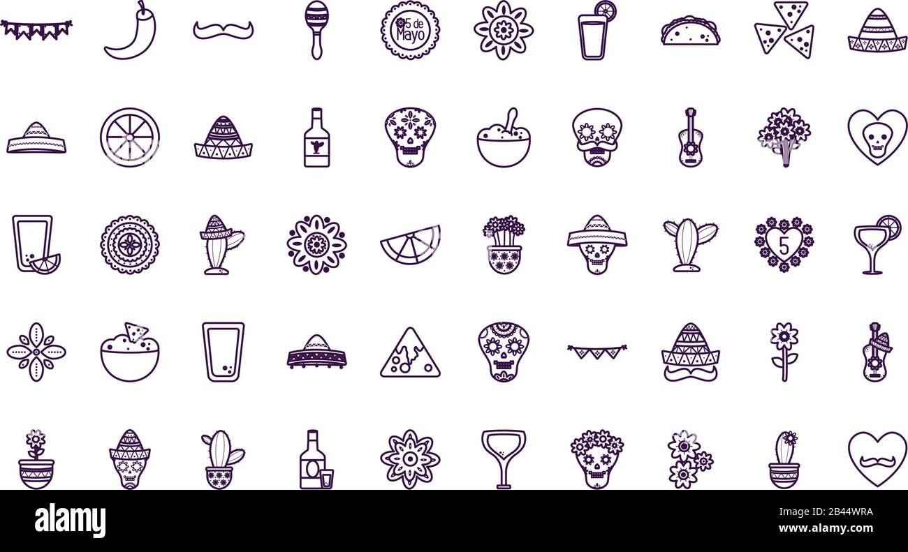 Mexican line style icon set design, Mexico culture tourism landmark ...