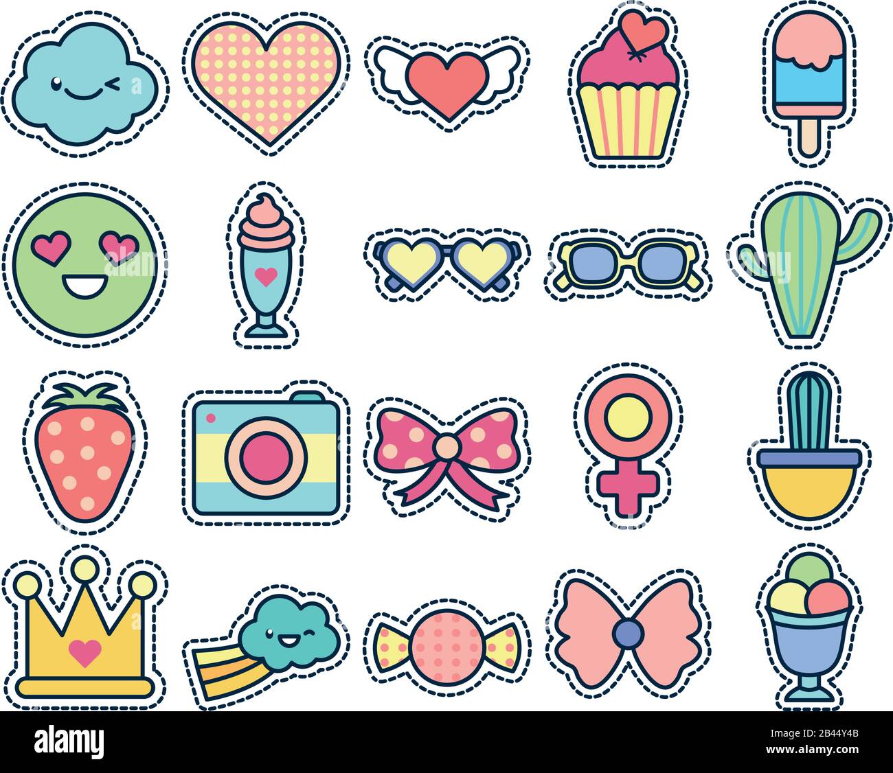 cute elements line fill style icon set design, Kawaii expression ...