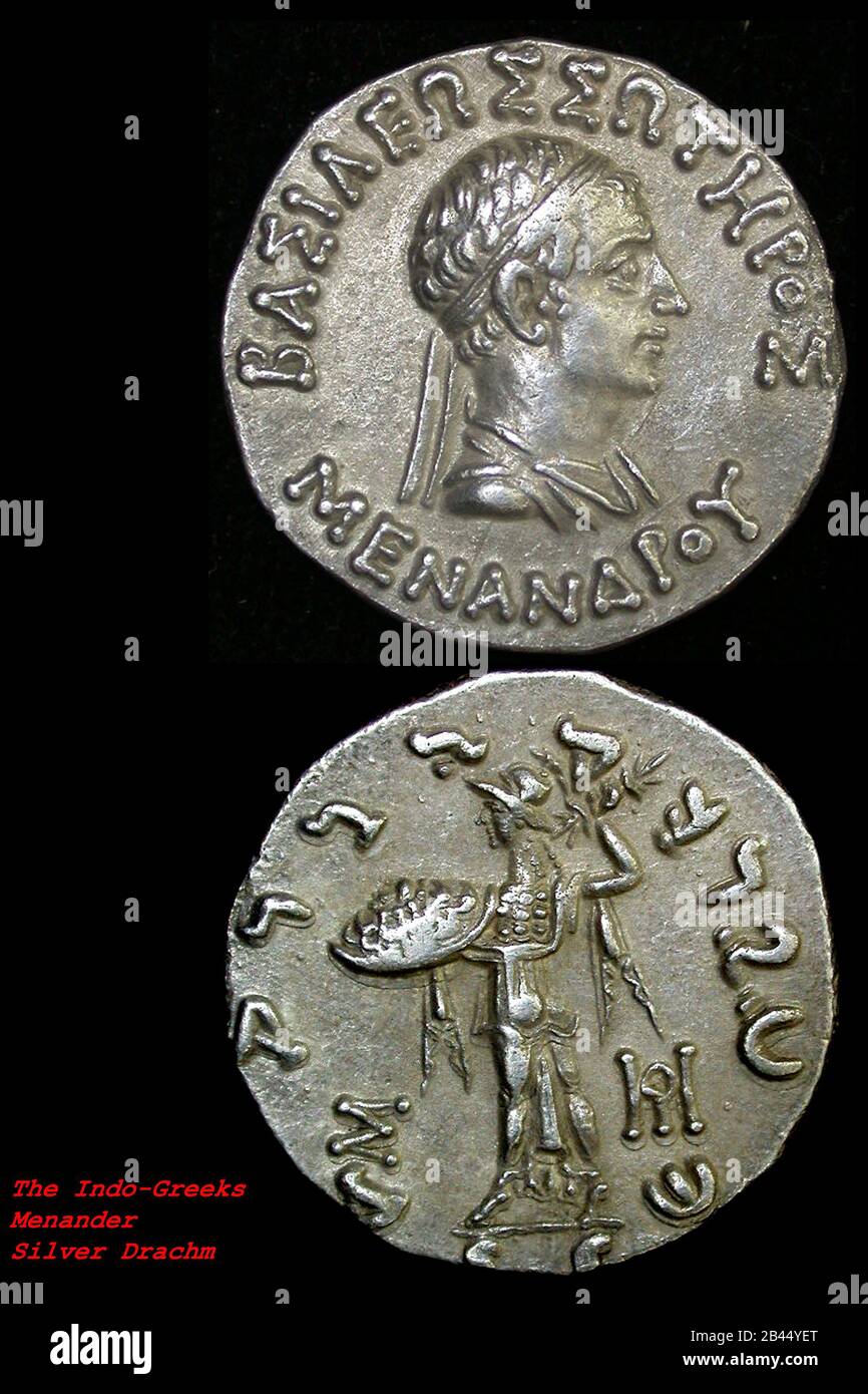 Indo Greek dynasty round silver coins of reign of Menander coins Stock ...