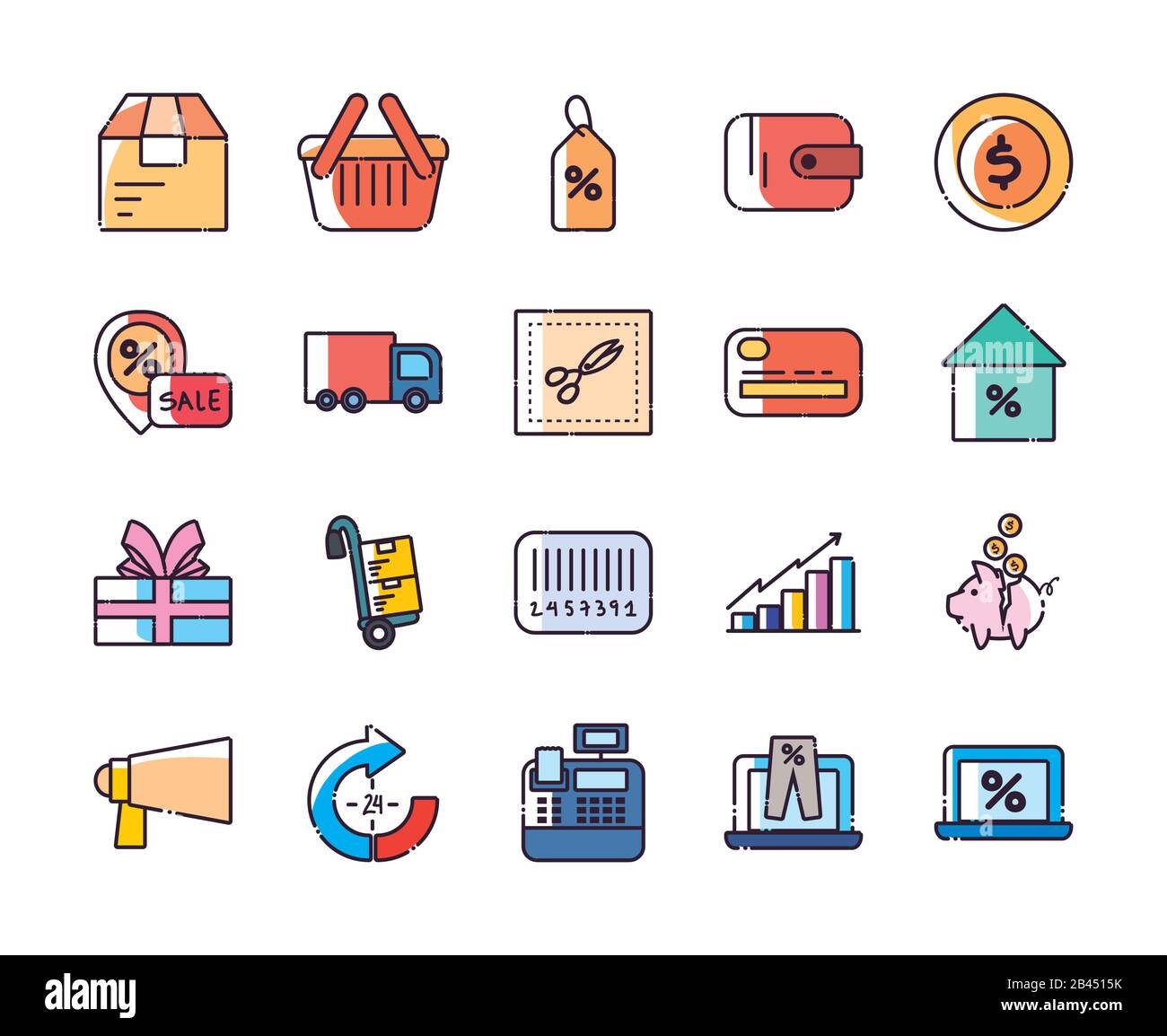 Shopping fill style icon set design of Commerce market store shop ...