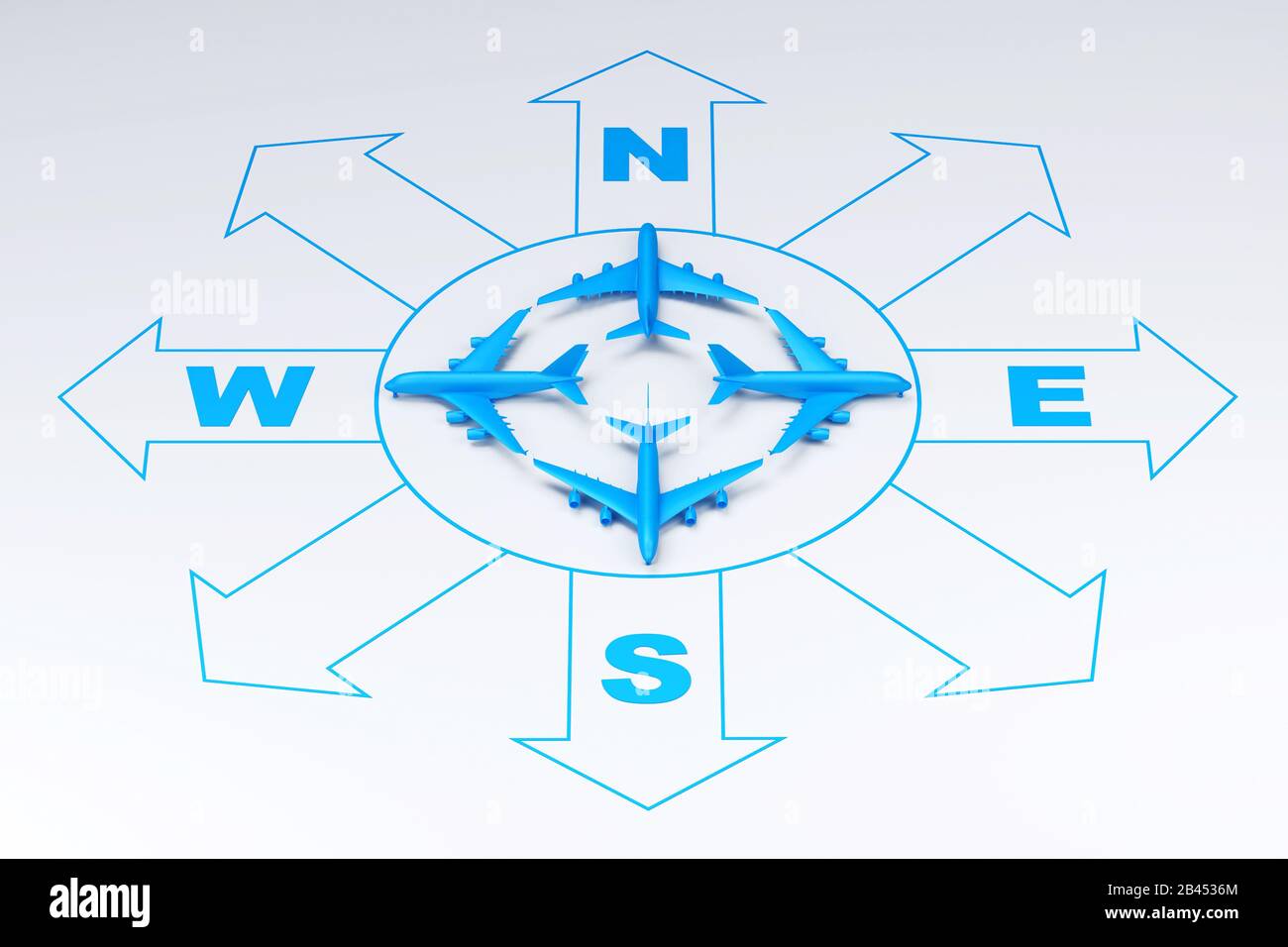four planes are aimed at the symbols of the cardinal points. 3d ...