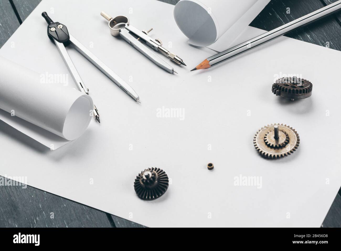 Engineering supplies and blueprints on workplace close up Stock Photo ...