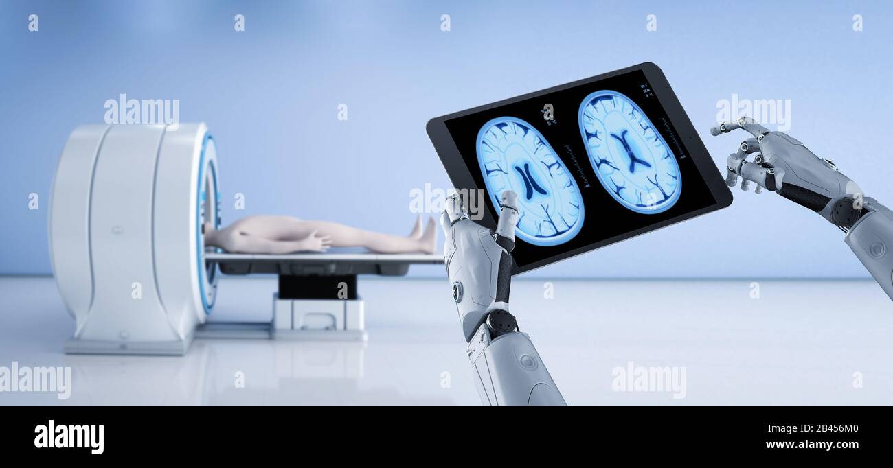 Medical technology concept with 3d rendering robot with tablet display ...